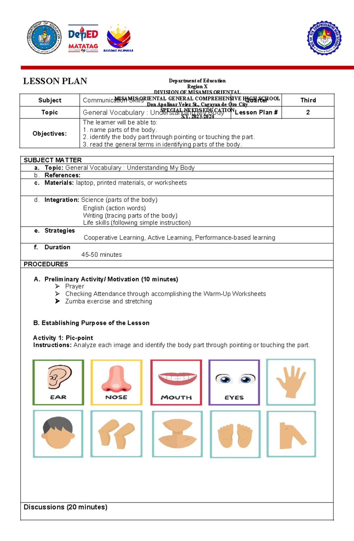 Lesson Plan 2 - SNED - LESSON PLAN Subject Communication Skills Quarter ...