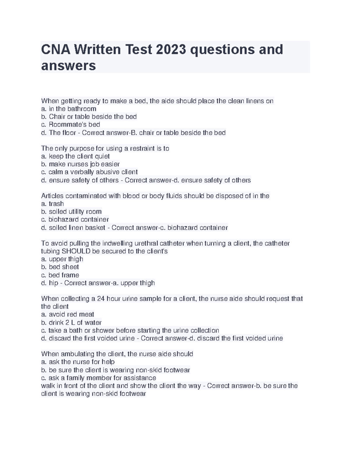CNA Written Test 2023 questions and answers - in the bathroom b. Chair ...