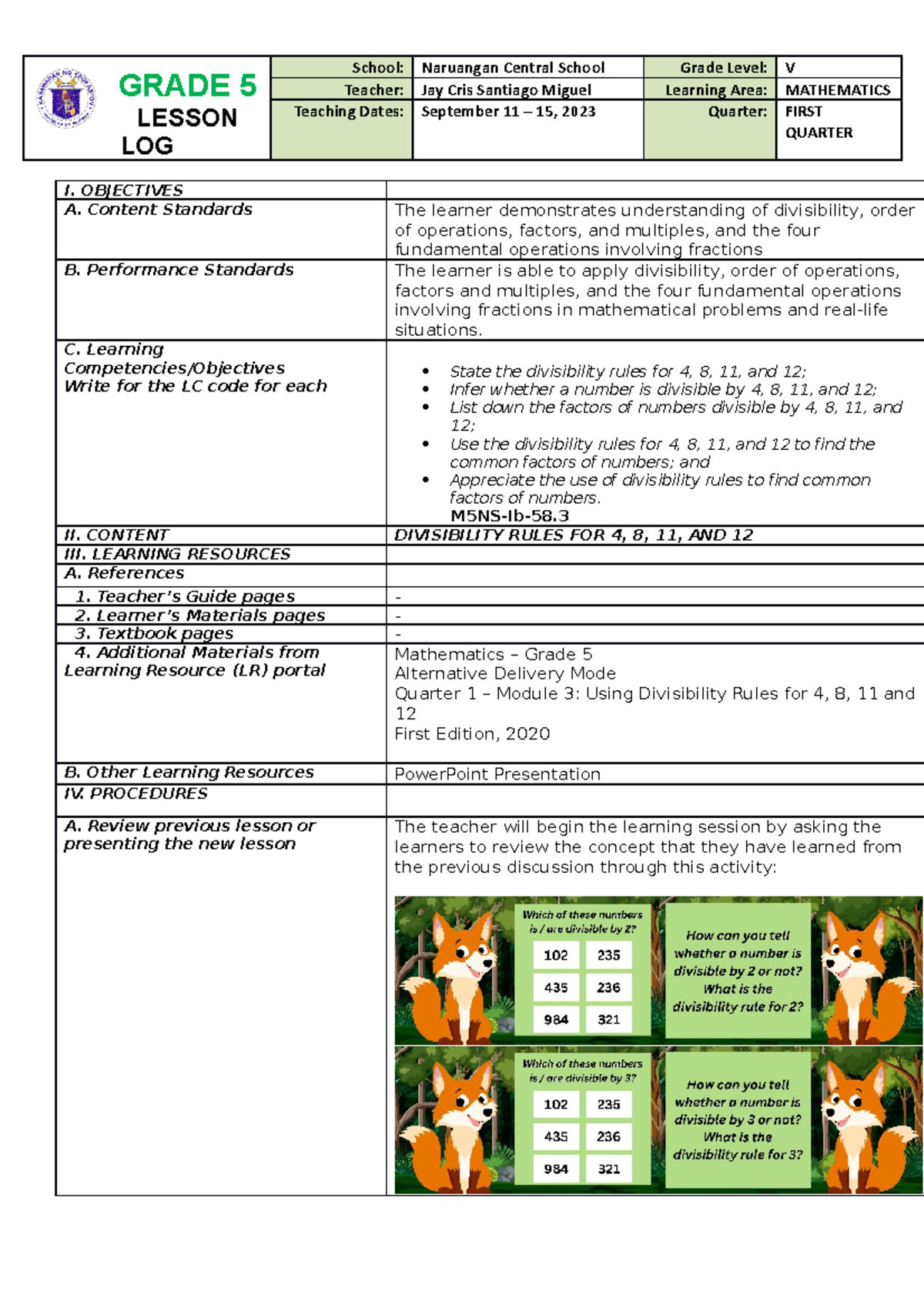 DLL- Mathematics 5 - Quarter 1 - Divisibility Rules FOR 4, 8, 11 AND 12 ...