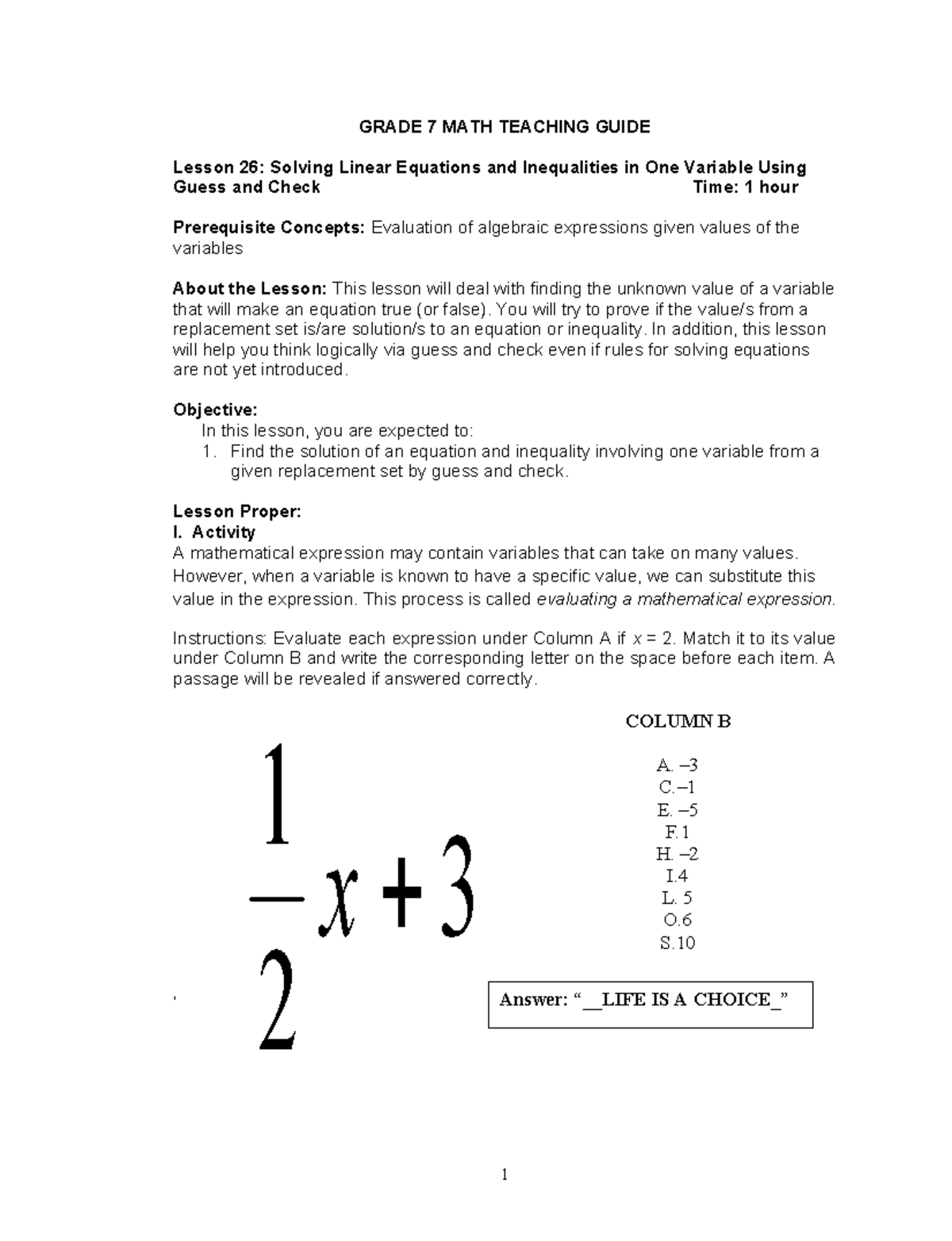 Math Gr. 7 Teacher's Guide (Quarter 3) Oct. 18, 2012 - ####### COLUMN B ...