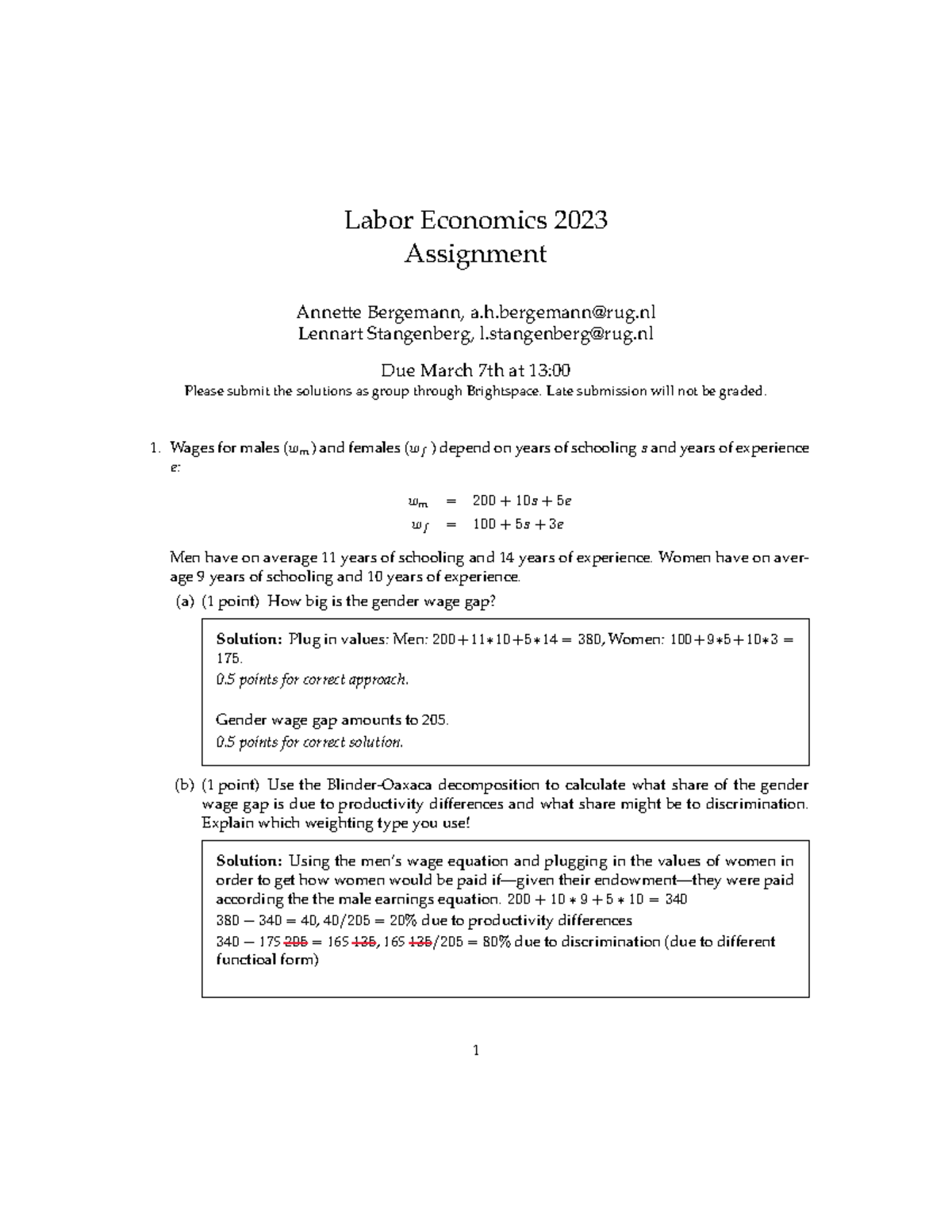 Assignment 2 Solutions - Labor Economics 2023 Assignment Annette Bergemann, a.h@rug Lennart ...