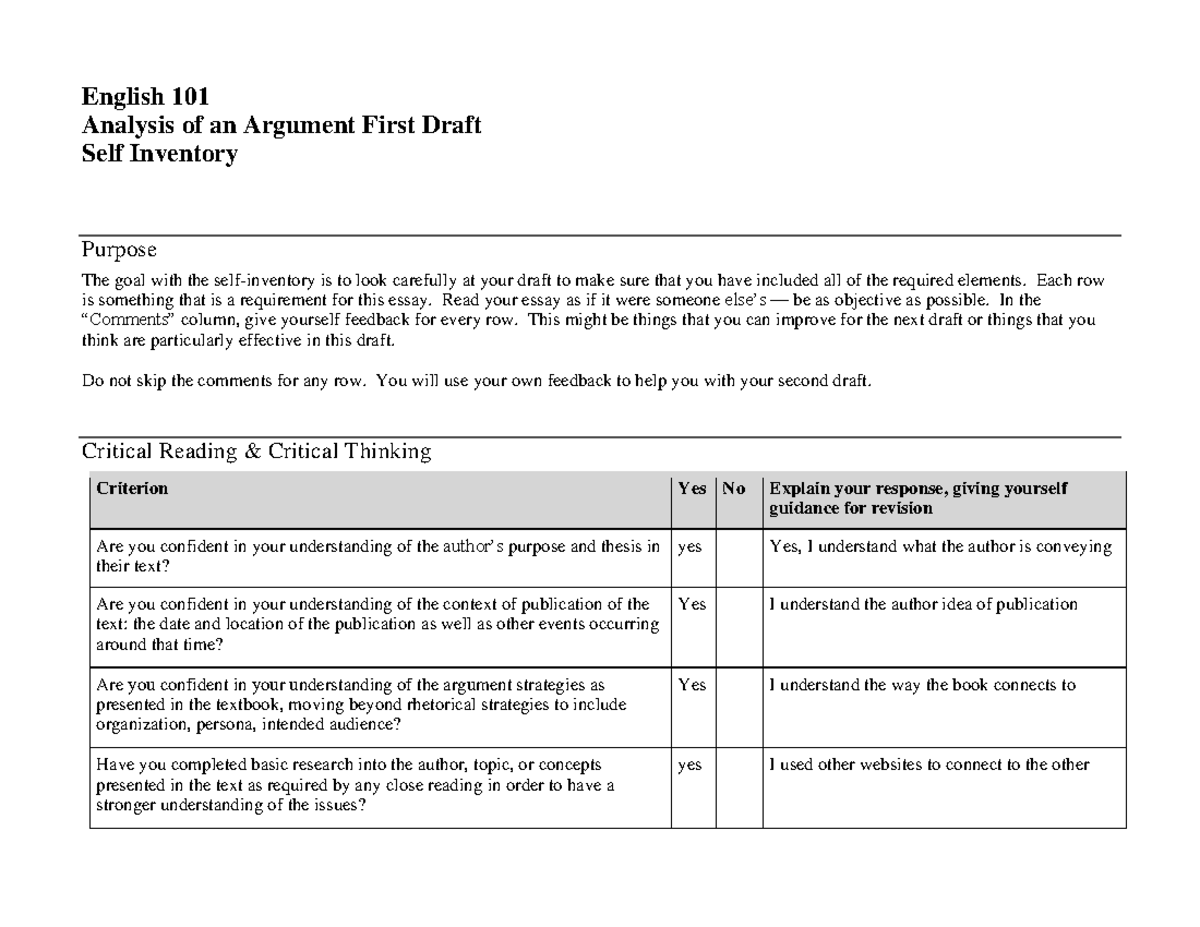 English 101 Analysis of an Argument First Draft Self Inventory ...