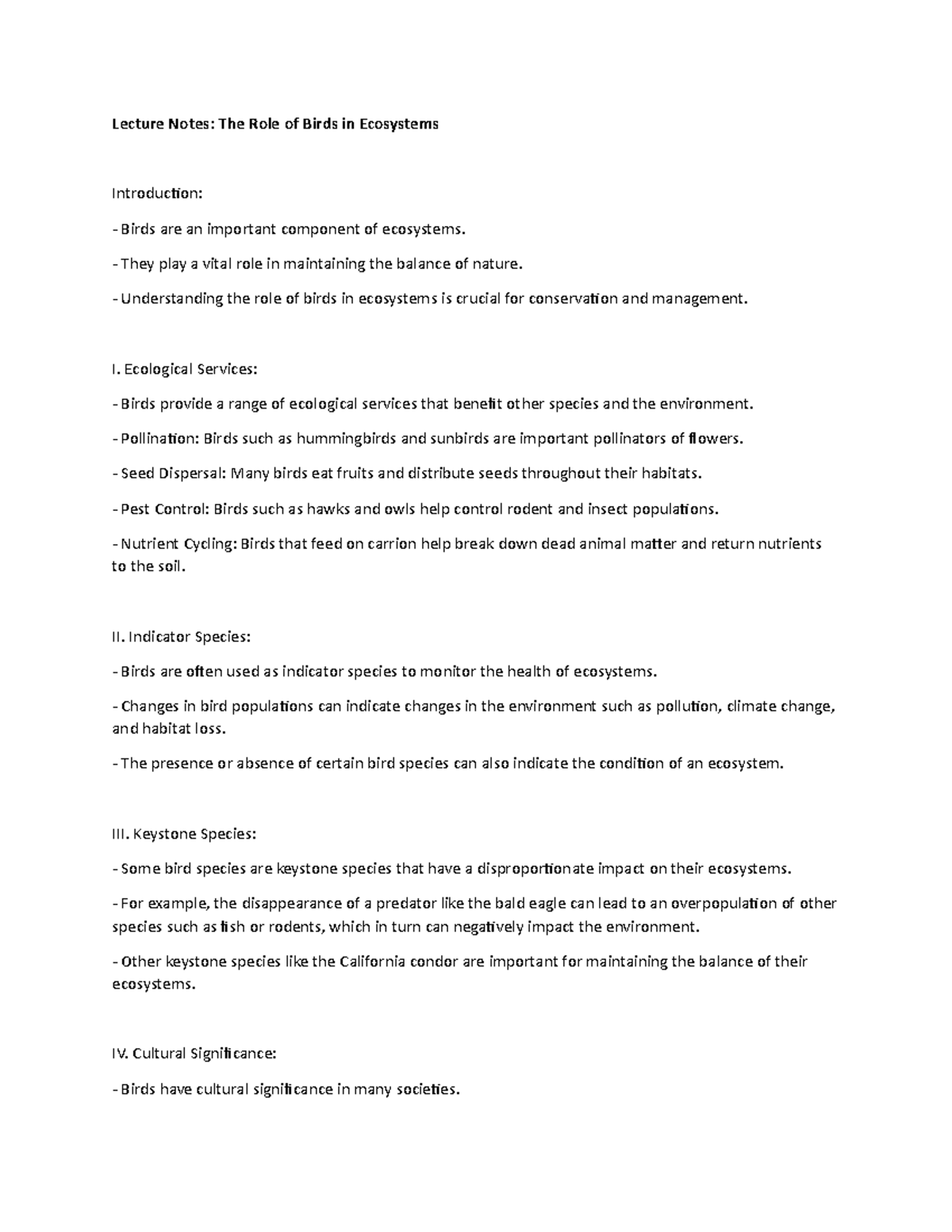 Lecture Notes: The Role of Birds in Ecosystems - Lecture Notes: The ...