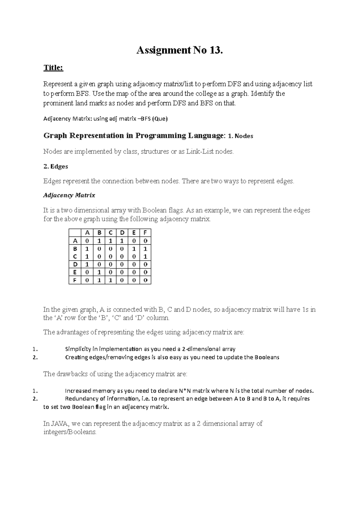 Assignment No 13 - Assignment No 13. Title: Represent a given graph using adjacency matrix/list ...