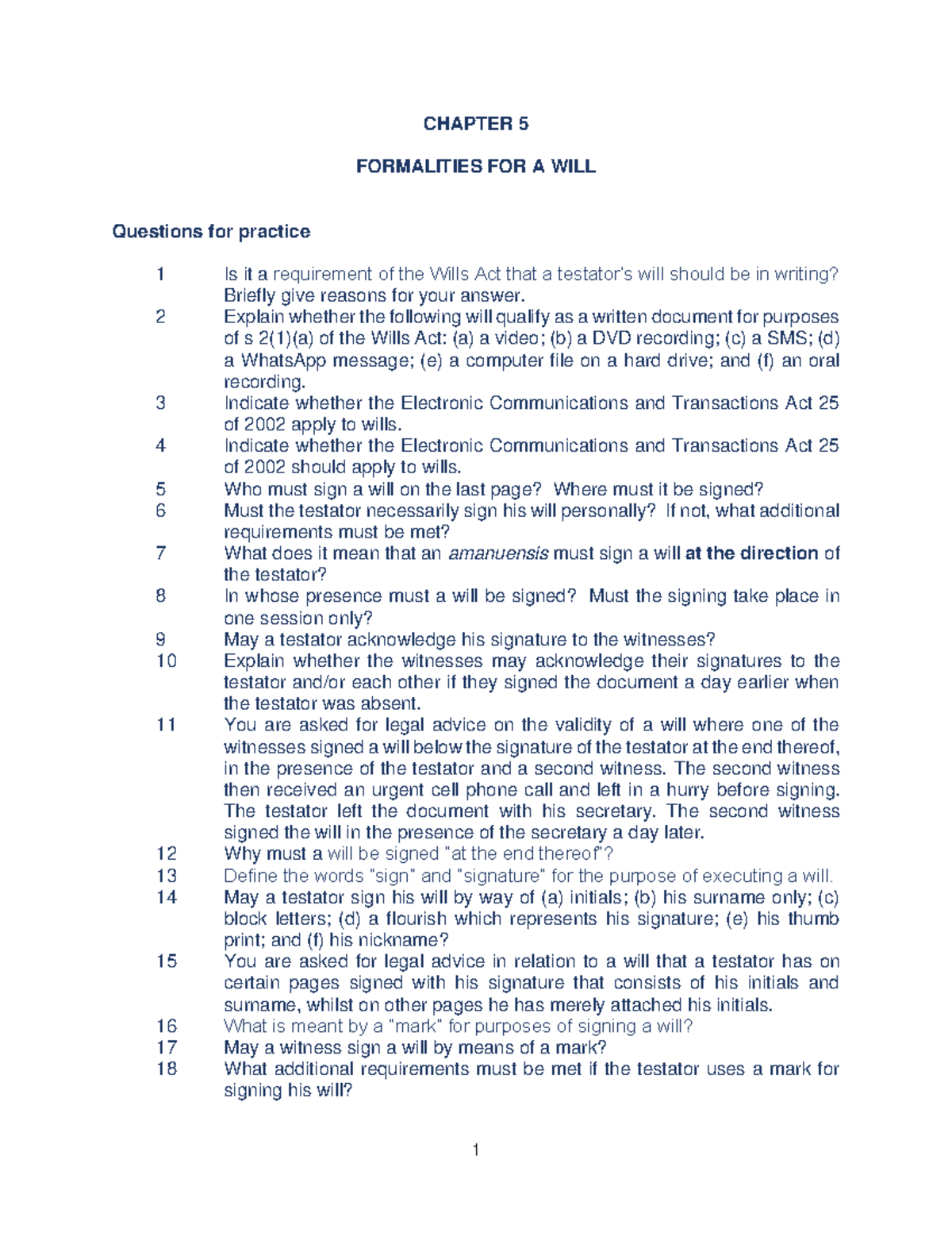 Chapter 5 practice questions - 1 CHAPTER 5 FORMALITIES FOR A WILL ...