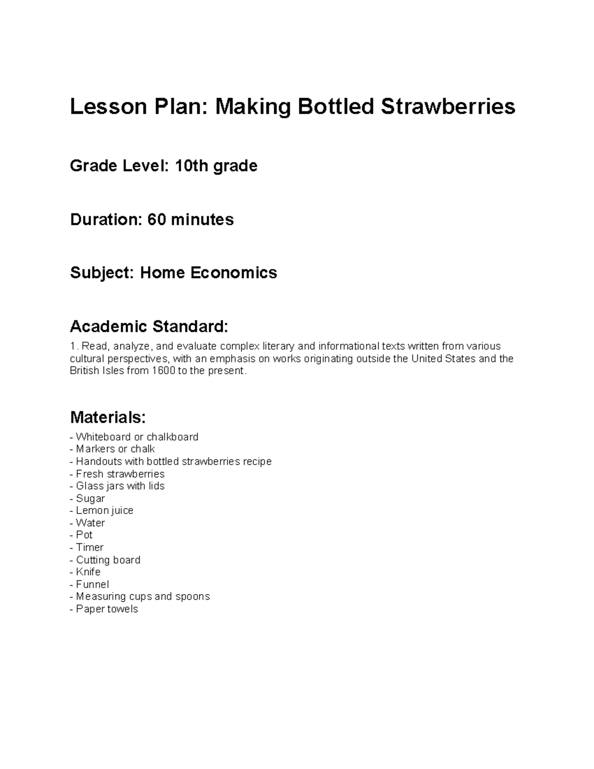 Lesson Plan 5 - TLE - Lesson Plan: Making Bottled Strawberries Grade ...