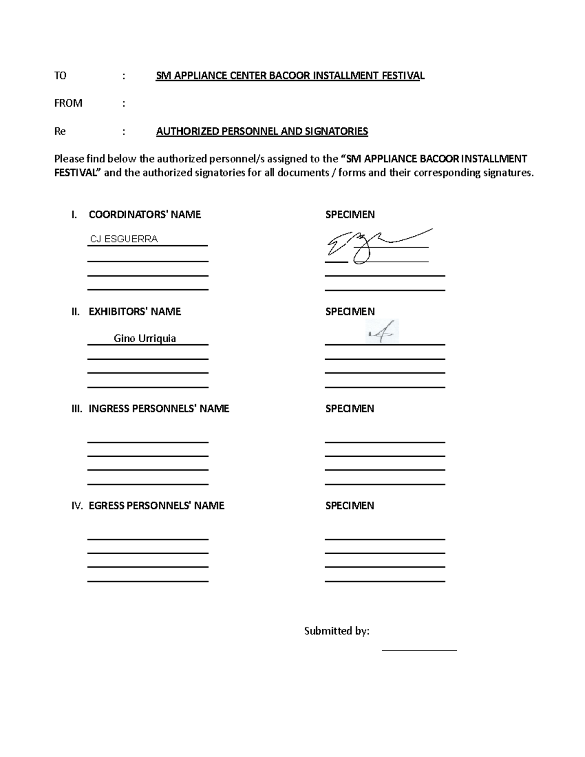 Authorized personnel signatories (SM Bacoor Installment Festival)- GINO ...