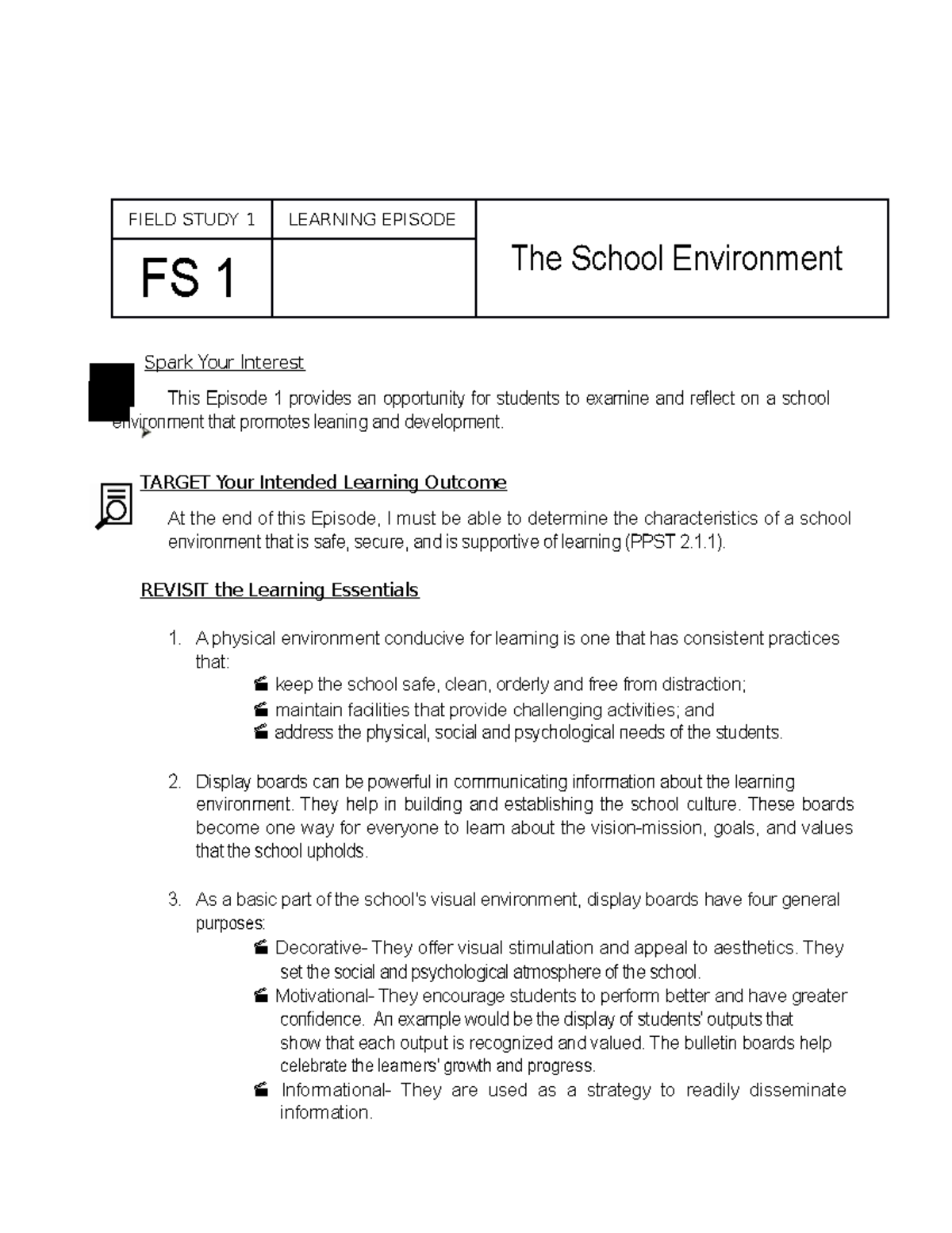 E1 - Lecture notes - FIELD STUDY 1 LEARNING EPISODE The School ...