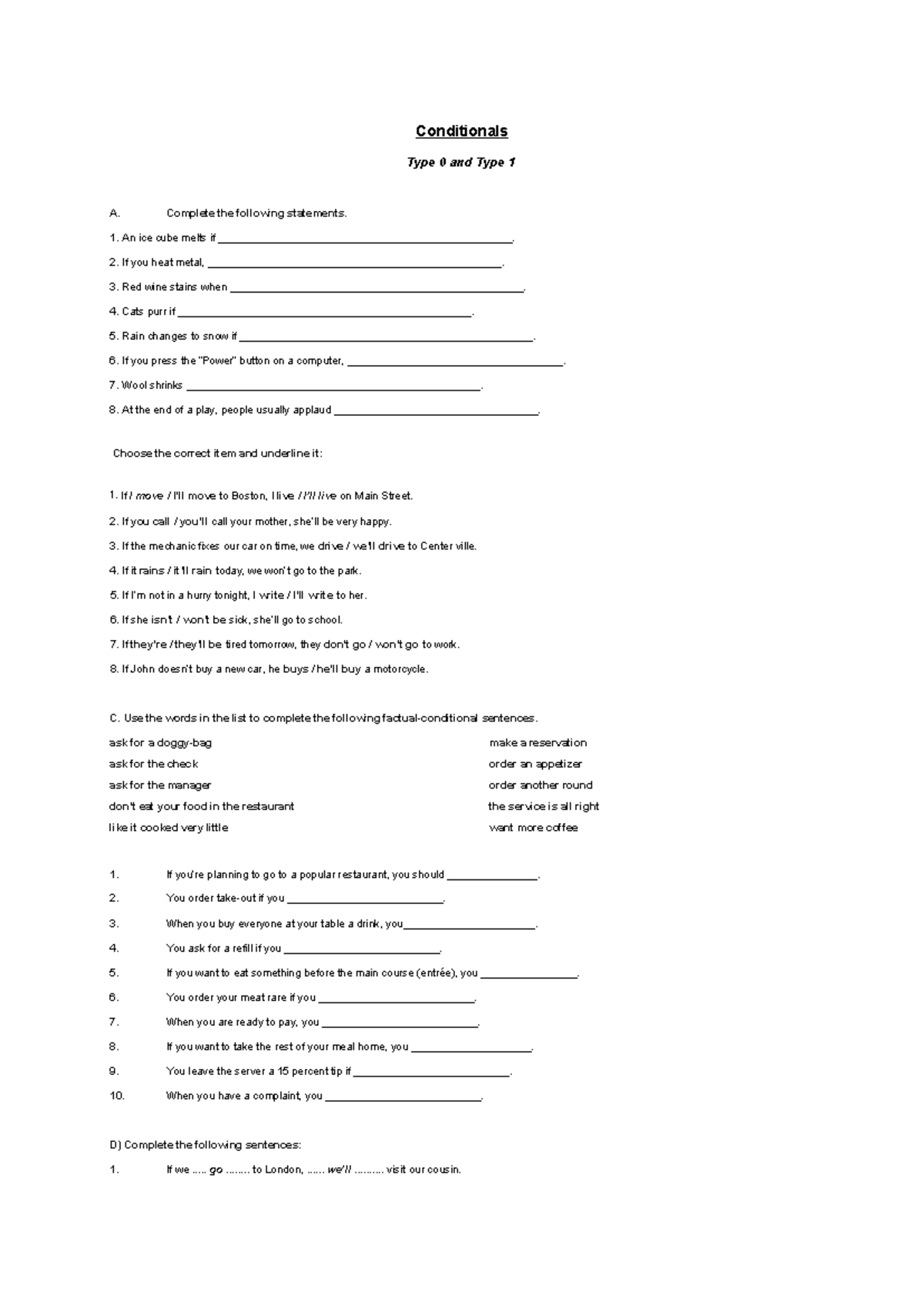 Conditional 0 and 1 Worksheet - Conditionals Type 0 and Type 1 A ...