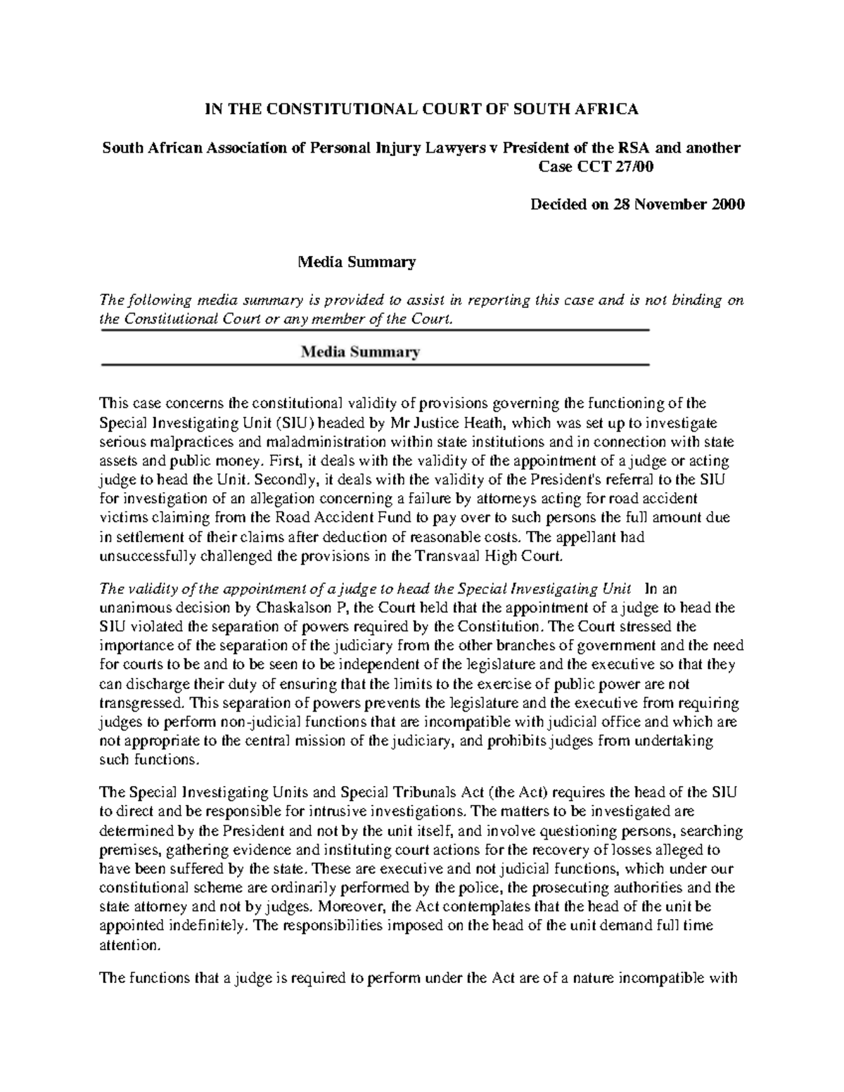 Case summary - notes - IN THE CONSTITUTIONAL COURT OF SOUTH AFRICA ...