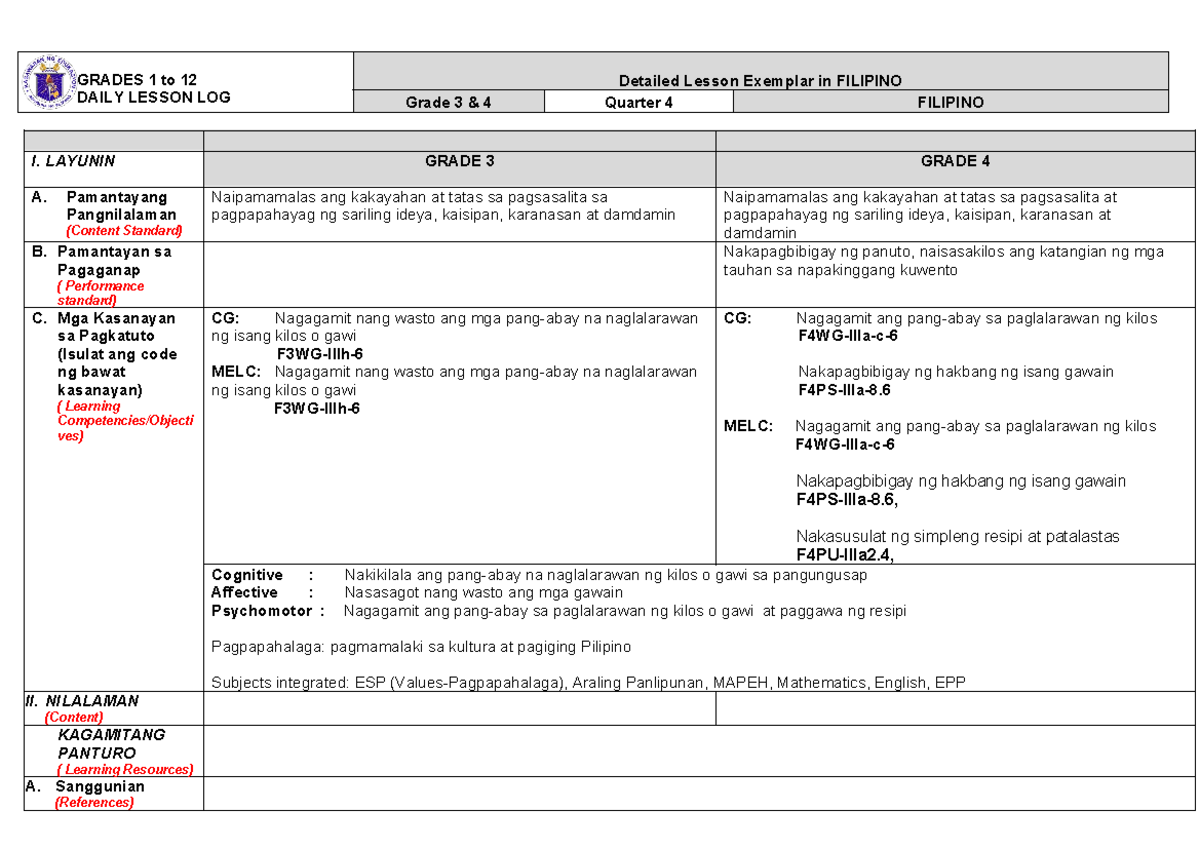 Lesson Exemplar in Filipino 3&4 Q3W3W5- 2022-2023 - GRADES 1 to 12 ...
