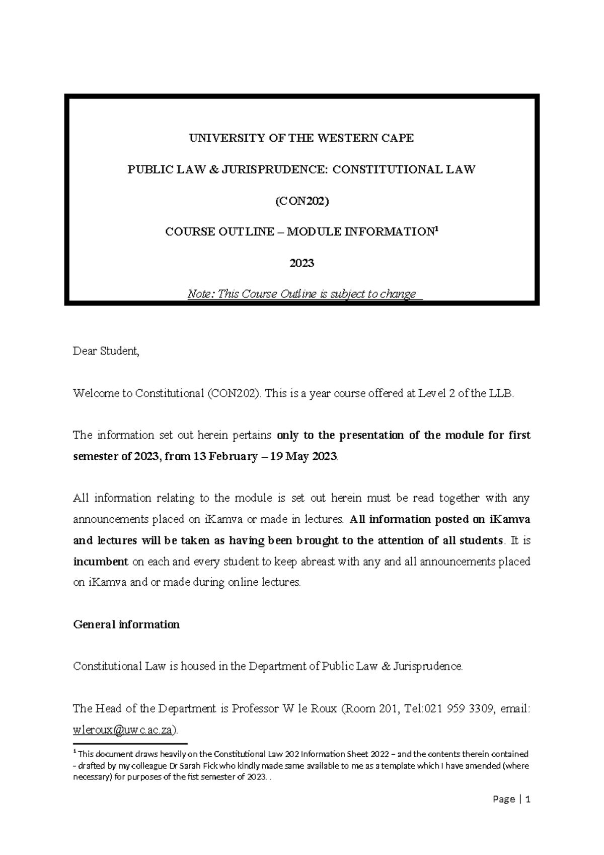 Final Course Outline Constitutional Law 202 08 February 2023 University Of The Western Cape 