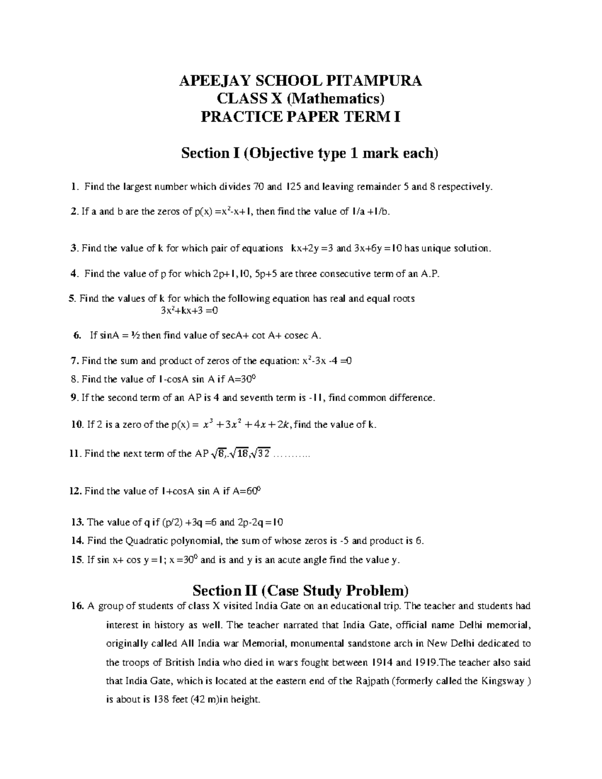 PP X Mathematics term 1 2023-24 - APEEJAY SCHOOL PITAMPURA CLASS X ...