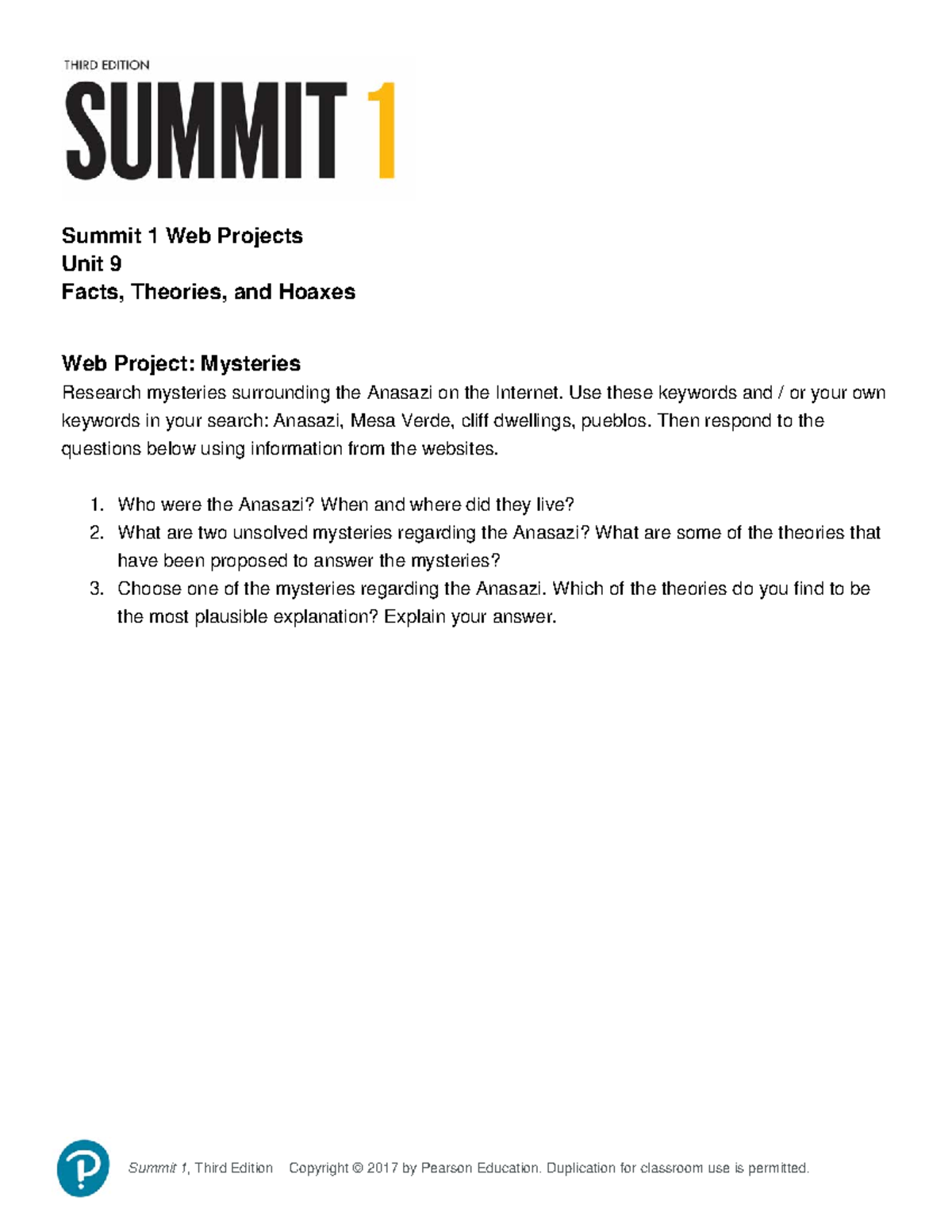 Summit 1 Web Projects Unit 9 - Summit 1, Third Edition Copyright © 2017 ...