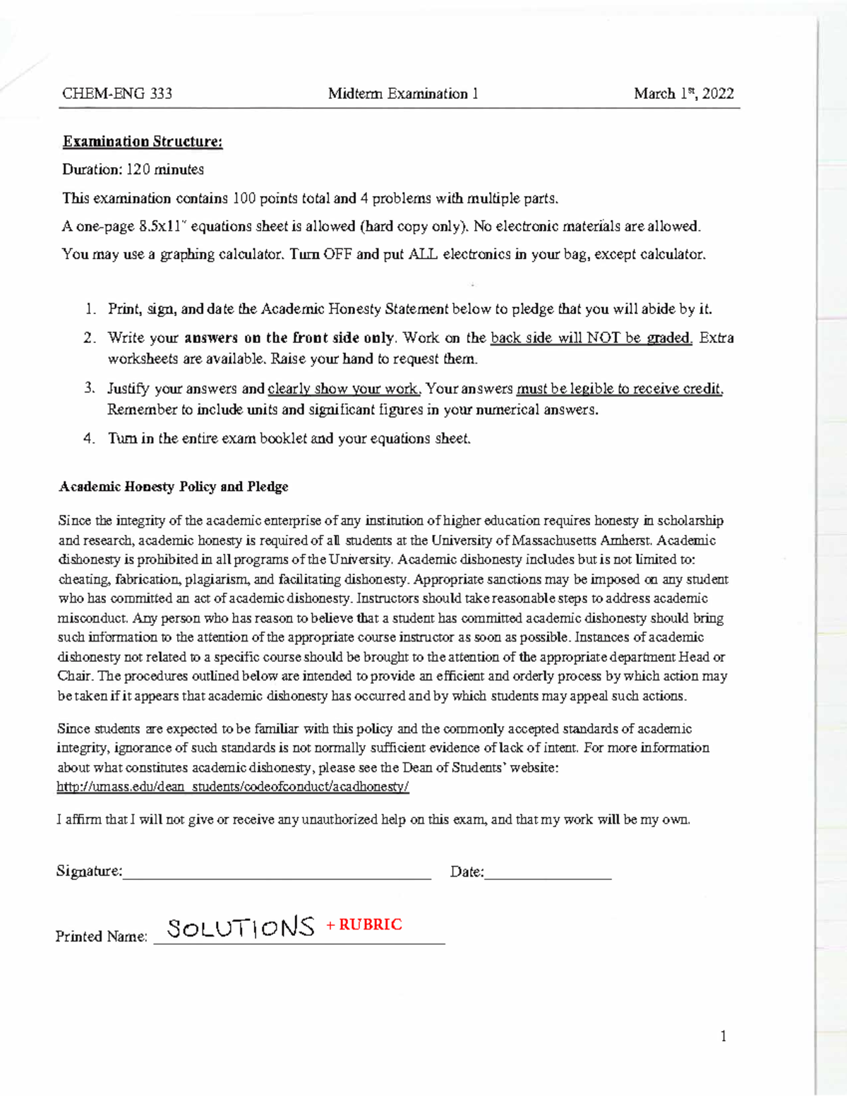 2022 ChE 333 Midterm Exam 1 Solutions Rubric - CHEM-ENG 333 Midterm ...