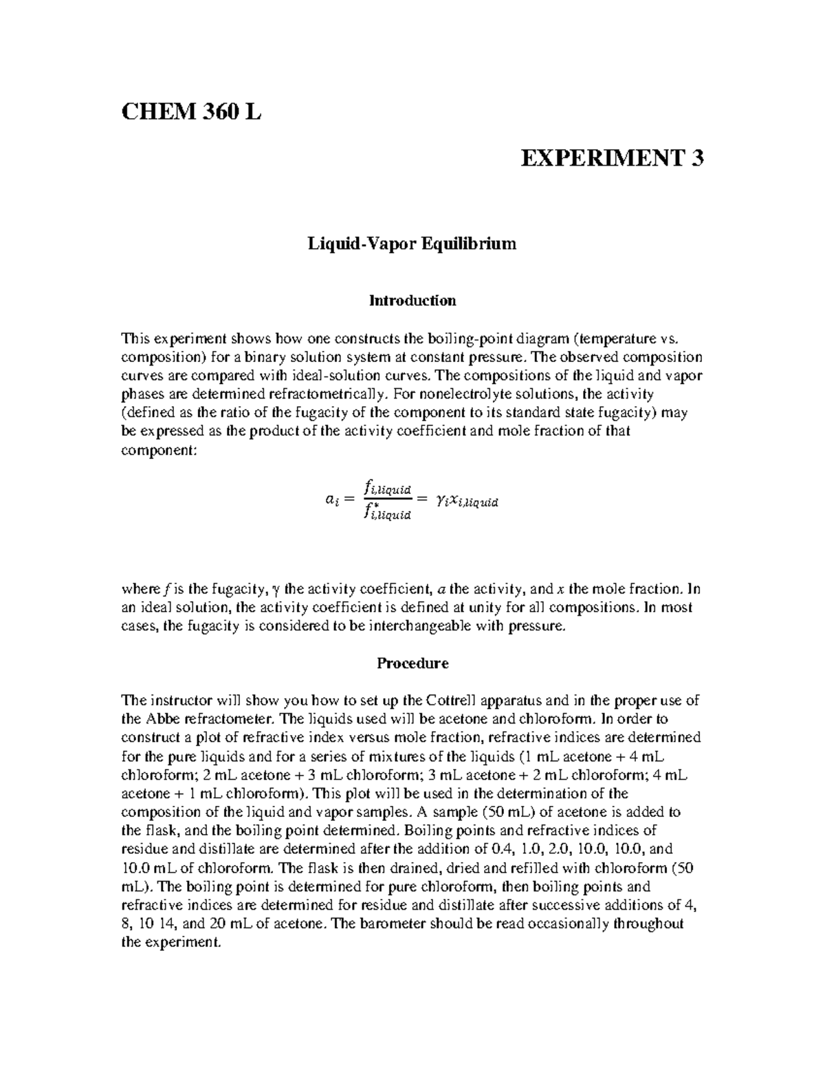 Lab 3 handout - CHEM 360 L EXPERIMENT 3 Liquid-Vapor Equilibrium ...