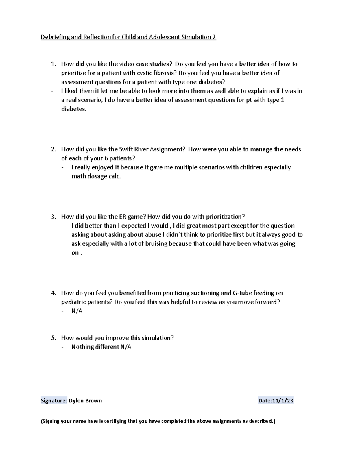 PN Child and Adolescent Simulation 2 Debriefing and Reflection form ...