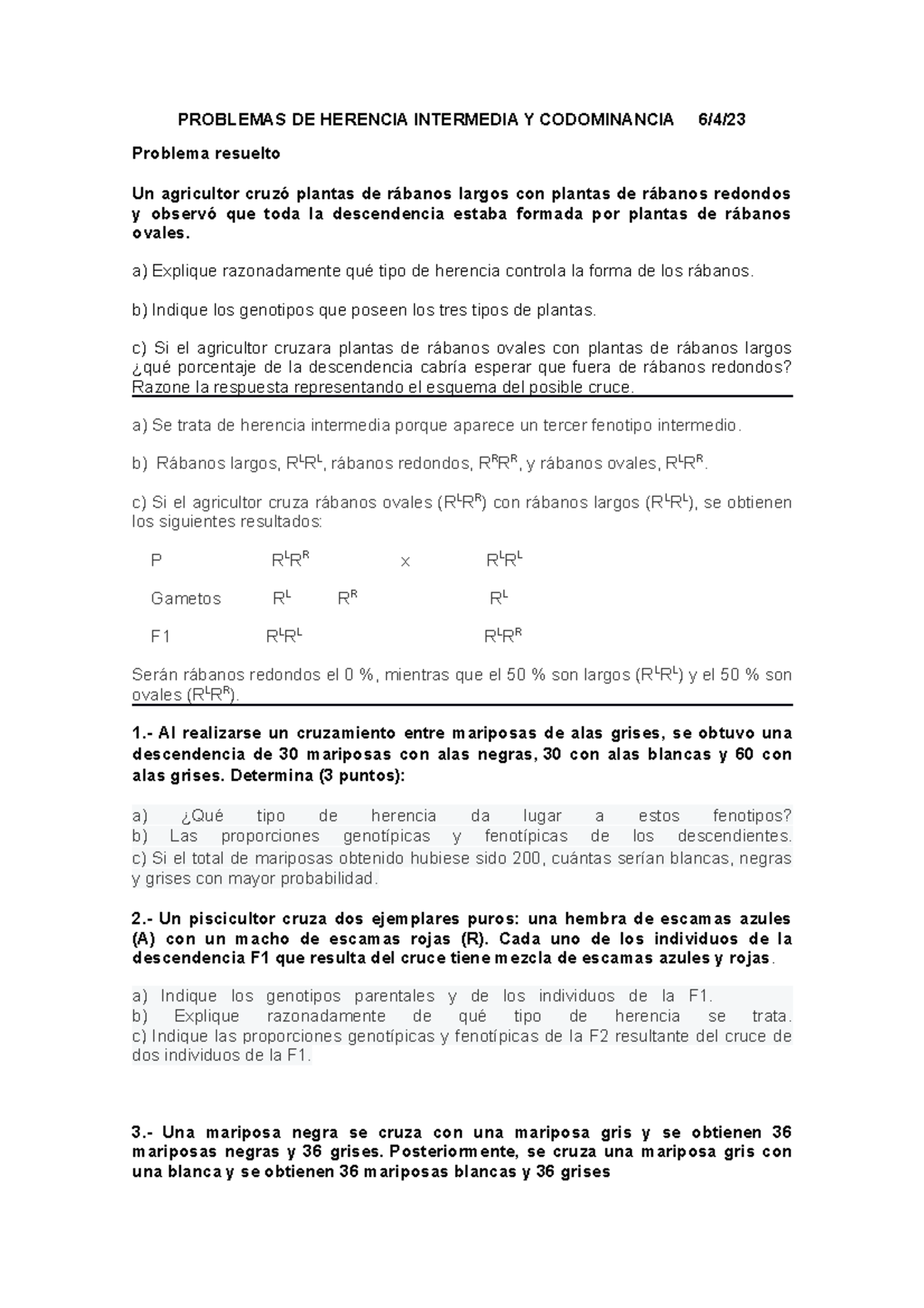 Problemas de herencia intermedia y codominancia - PROBLEMAS DE HERENCIA ...