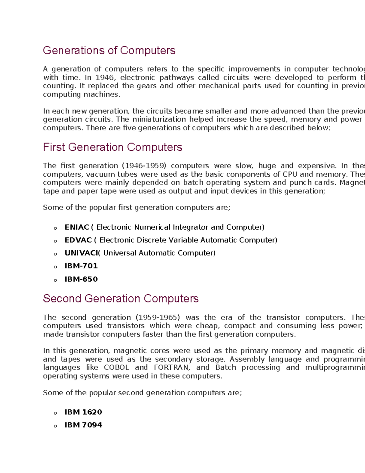Generations of Computers - In 1946, electronic pathways called circuits were developed to ...