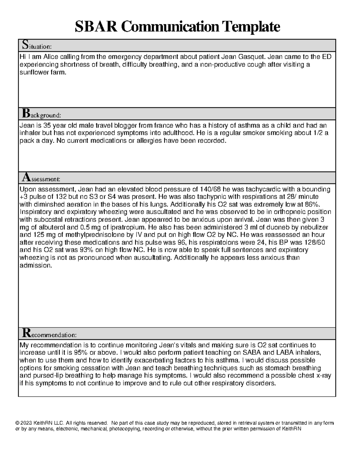 SBAR Respiratory Report - NRSG 3320 - SBAR Communication Template ...