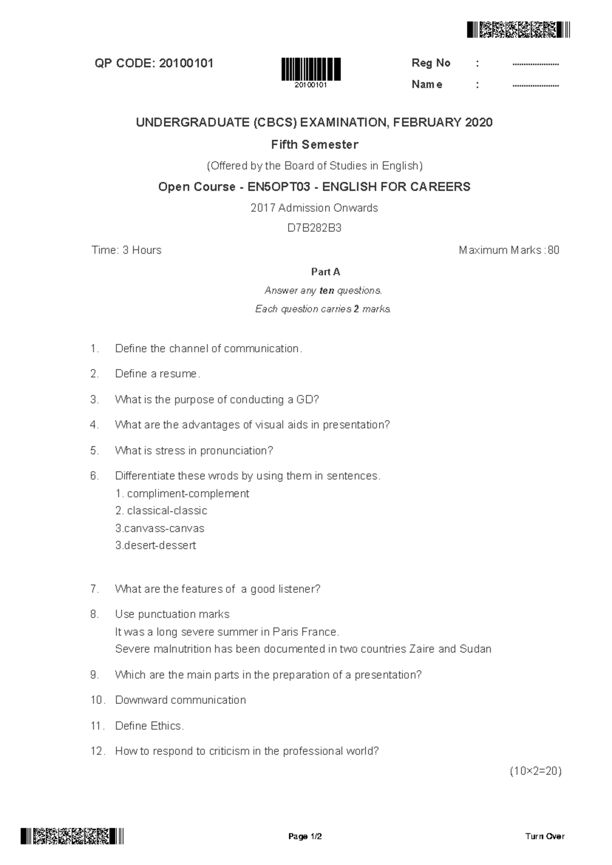 QP Eng for Careers Feb 2020 - QP CODE: 20100101 Reg No : ..................... Name : - Studocu