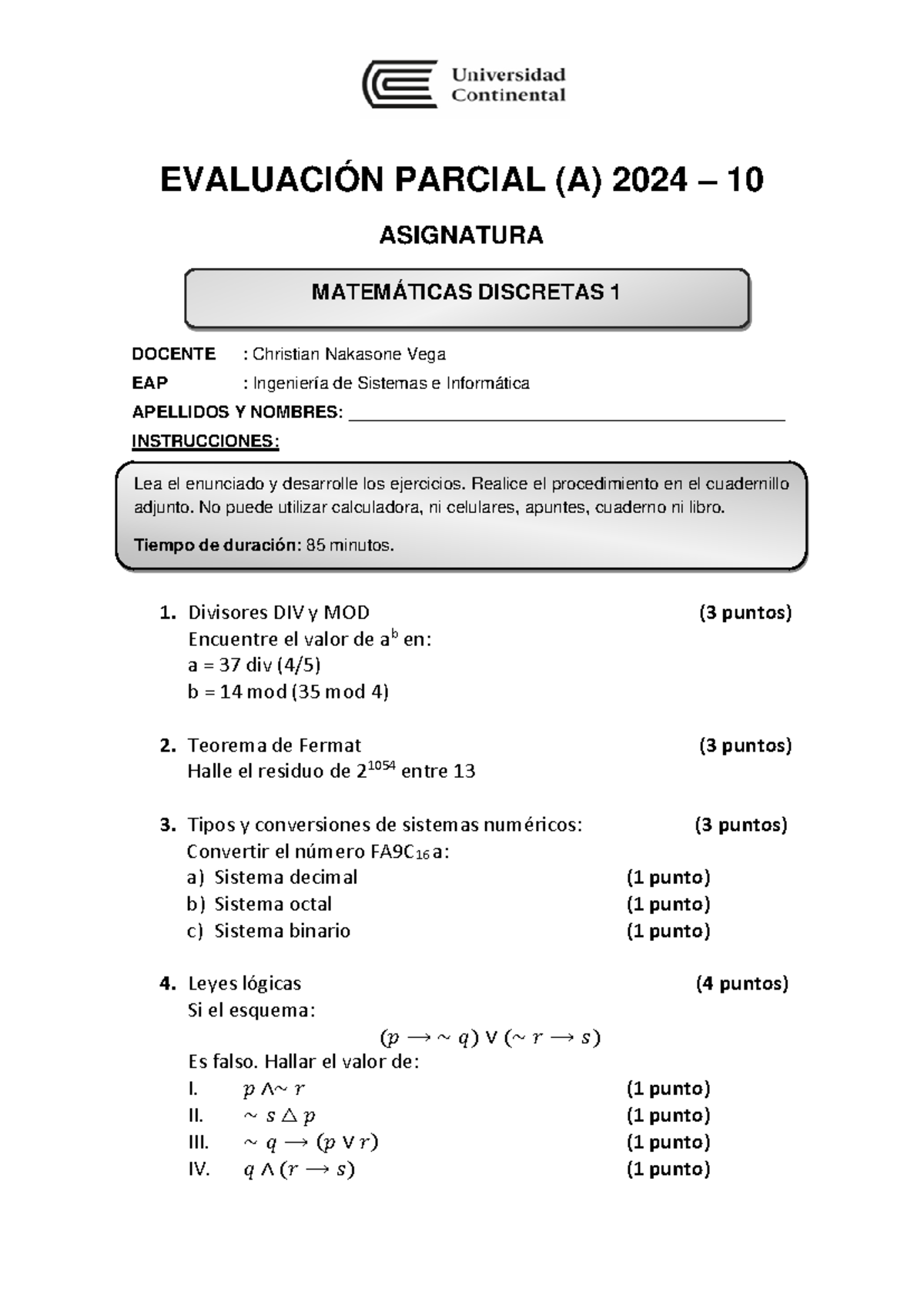Evaluacion Parcial MAT DISC 1 2024 - 10 A - EVALUACIÓN PARCIAL (A) 2024 – 10 ASIGNATURA DOCENTE ...