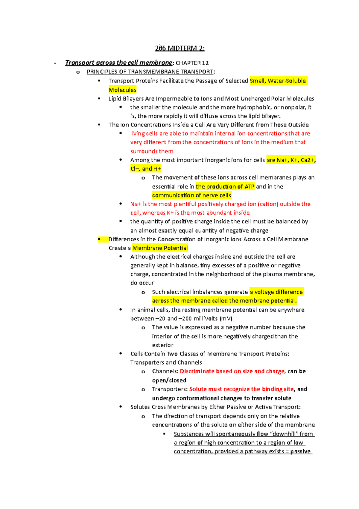 266 Midterm 2 - notes from the book - 266 MIDTERM 2: - Transport across ...