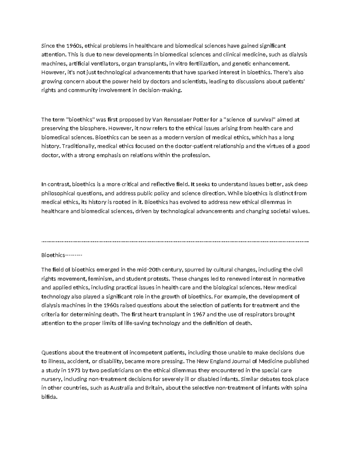Bio ethics - summaray of articles - Since the 1960s, ethical problems ...