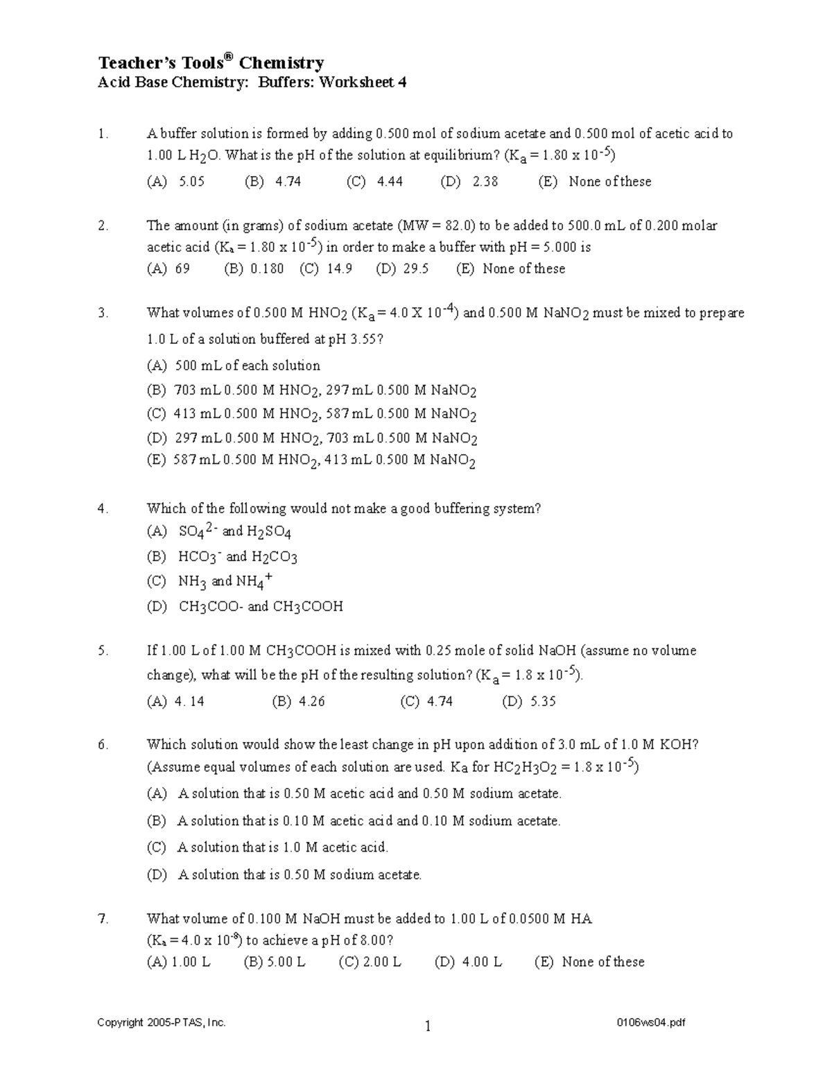 Buffers Worksheet for chapter 2 - Teacher’s Tools ® Chemistry Acid Base ...