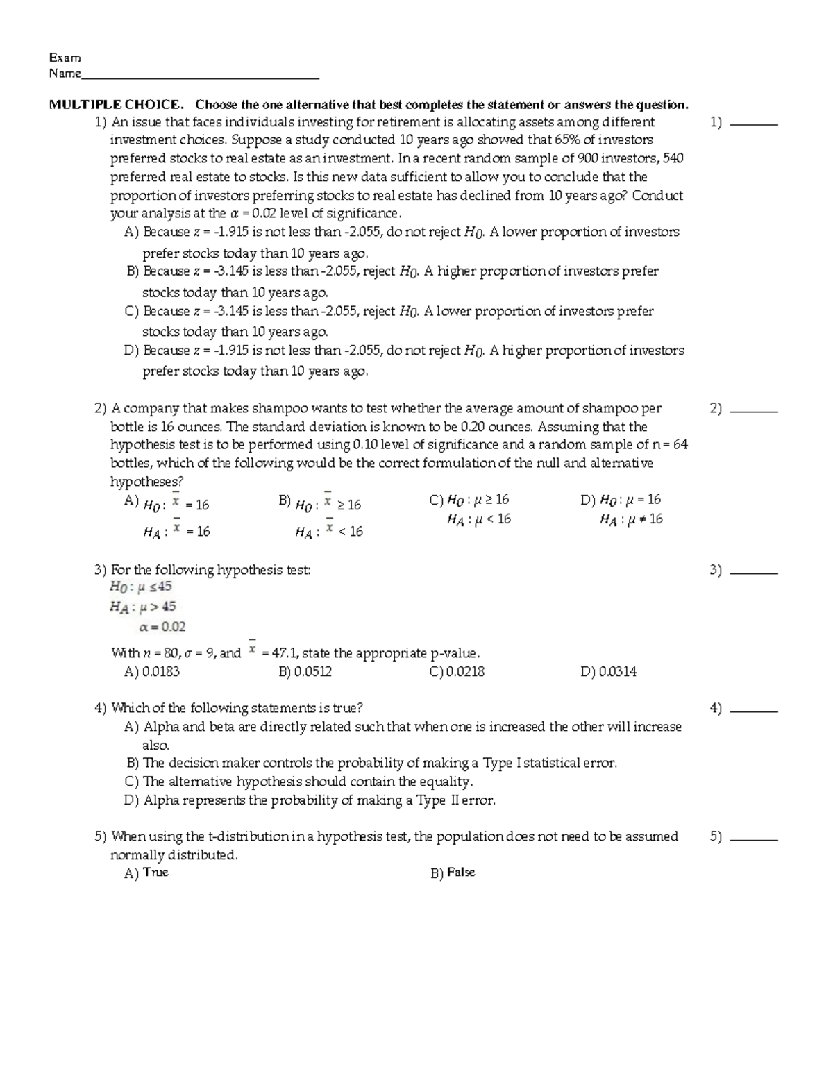 Hw hypothesis test - problem set - Exam Name ...