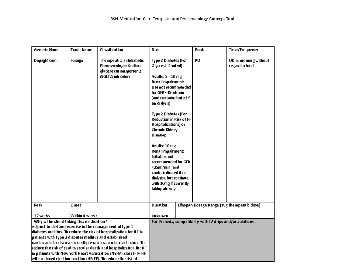 Dapagliflozin Med Card - BSN Medication Card Template and Pharmacology ...