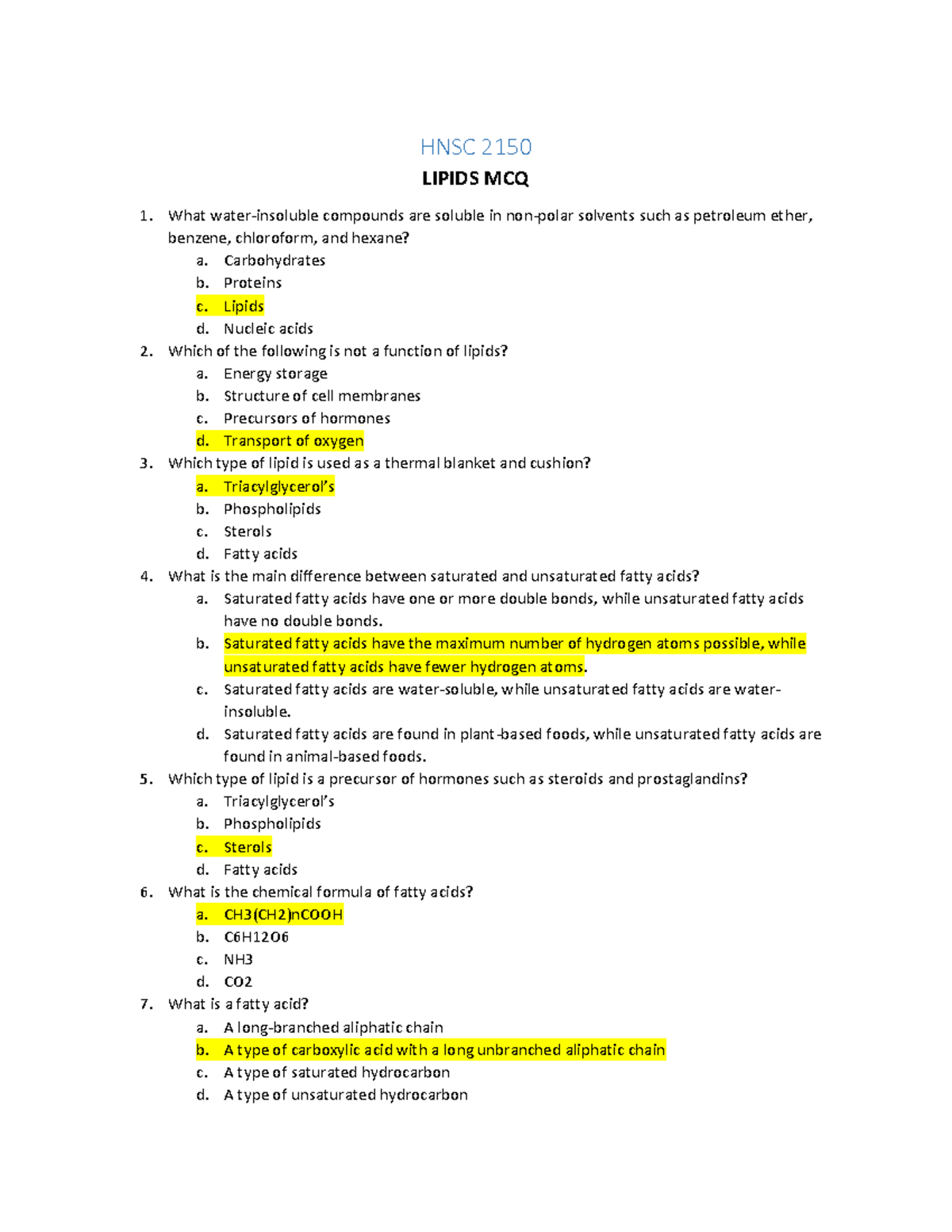 HNSC 2150 MCQ Lipids - practice questions - HNSC 2150 LIPIDS MCQ What ...