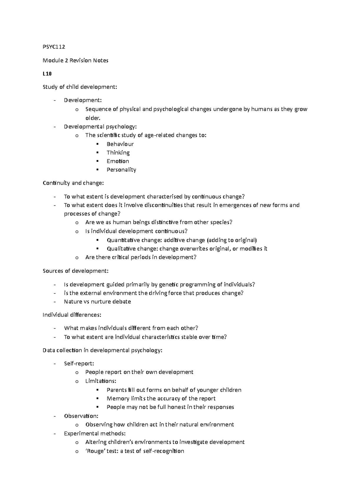 PSYC112 Module 2 Revision Notes - PSYC Module 2 Revision Notes L Study ...