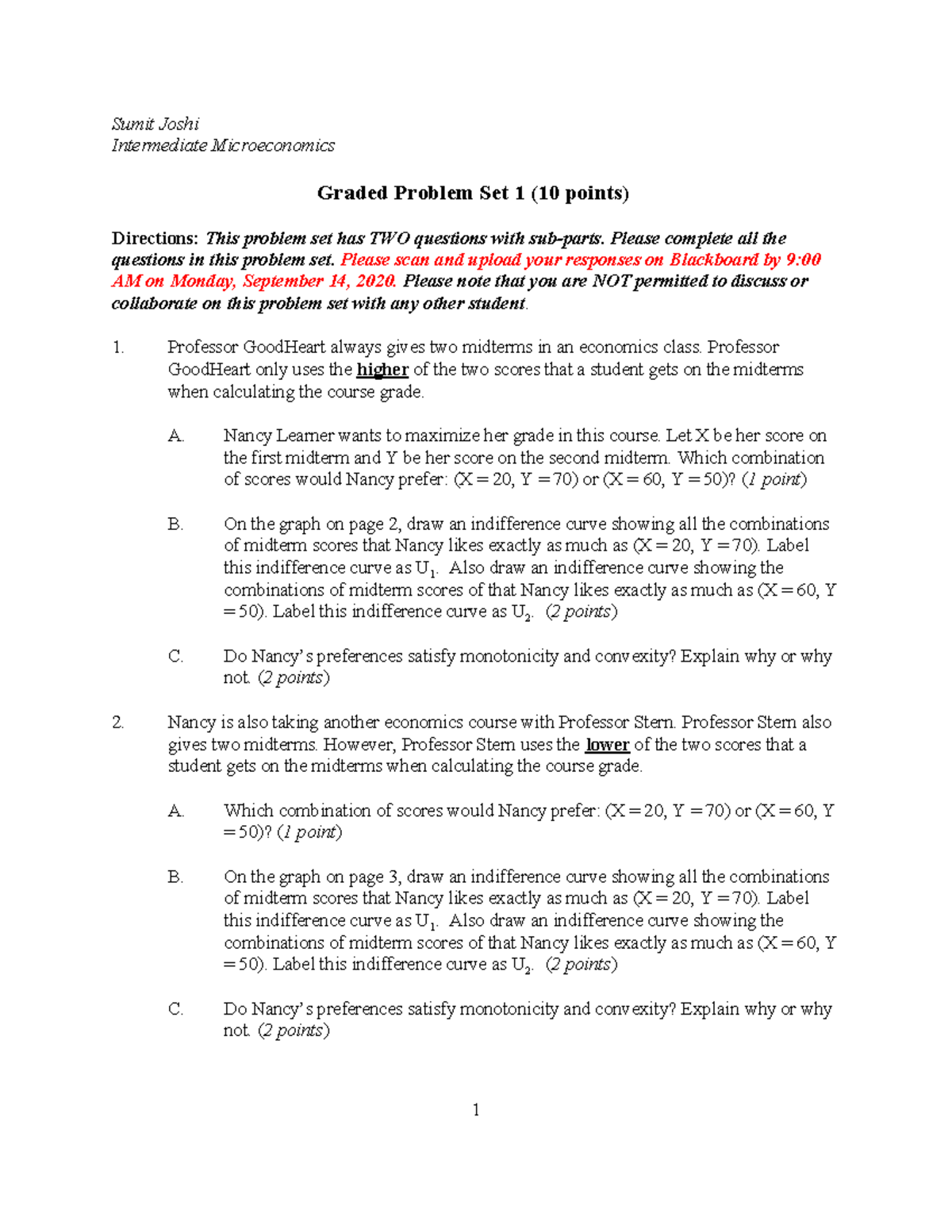 Graded Problem Set 1 - Past year assignment - Sumit Joshi Intermediate Microeconomics Graded ...