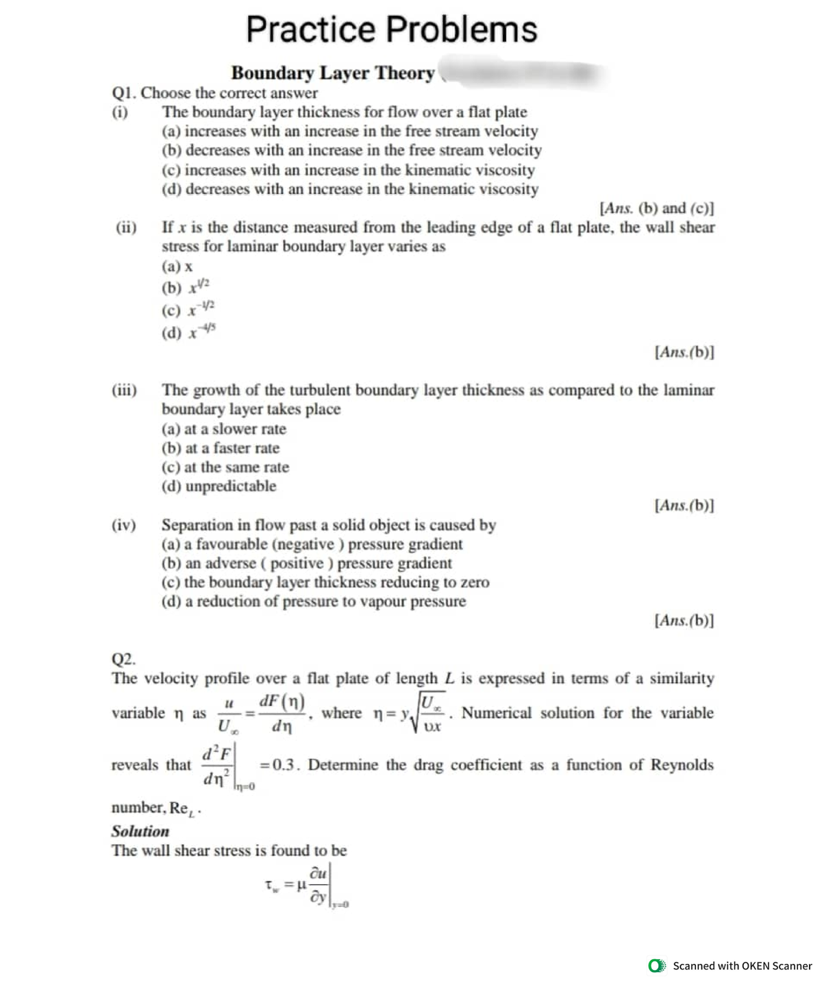 Practice Problems (Boundary Layer Theory) - fluid mechanics - Studocu