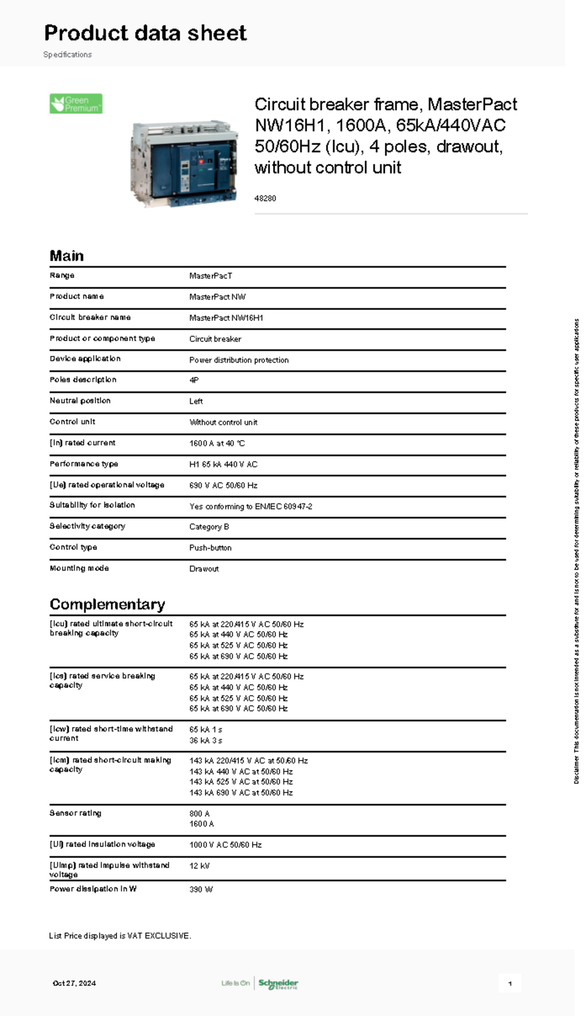 Schneider Electric Master Pact-NW 48280 - Circuit breaker frame ...