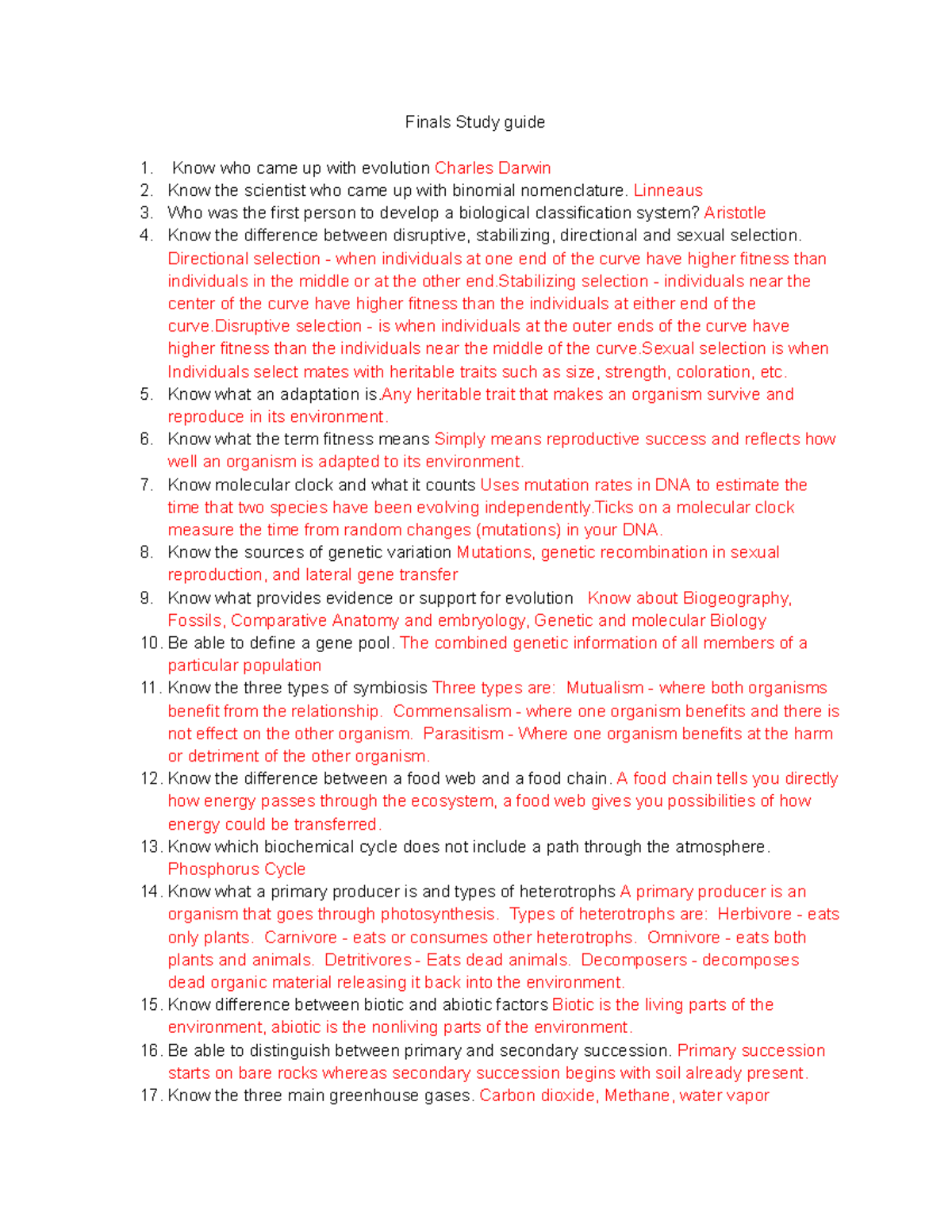 Finals Study guide - Finals Study guide Know who came up with evolution ...