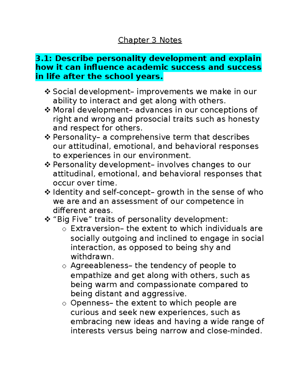 Chapter 3 Notes - Kasey Reshnet - Chapter 3 Notes 3: Describe ...