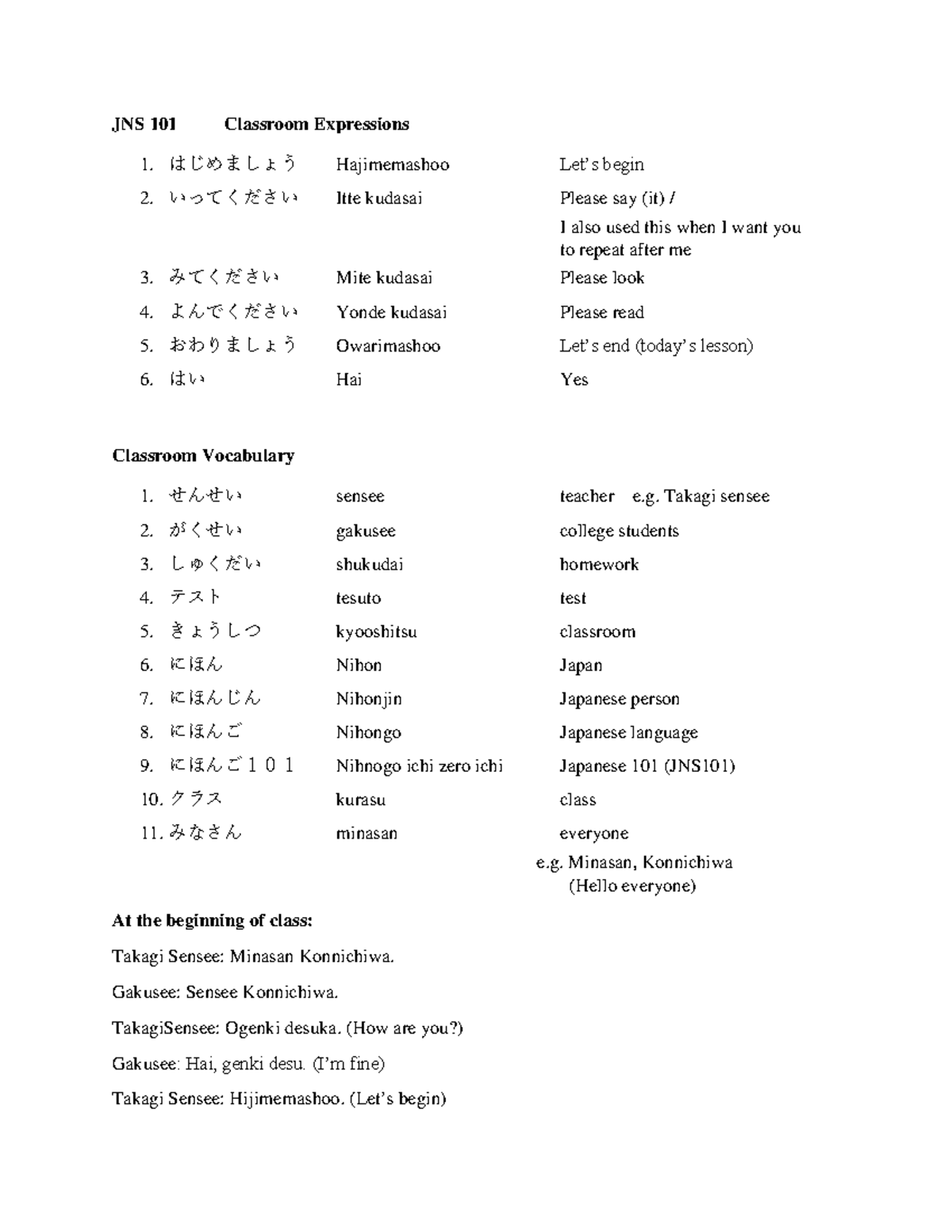 JNS 101 Classroom Expressions-1 - JNS 101 Classroom Expressions はじめましょう ...