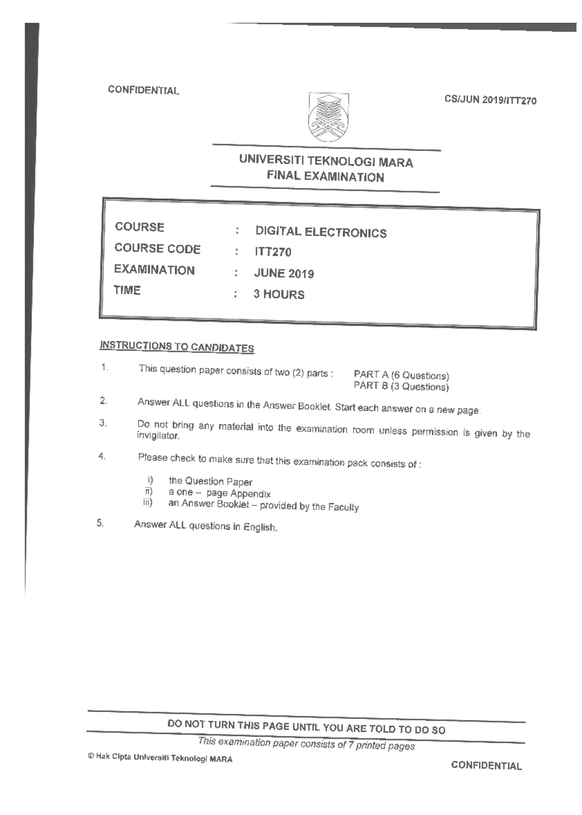 ITT270 2019 2 PAST YEAR PAPER FIGHTING - Digital Electronics - Studocu