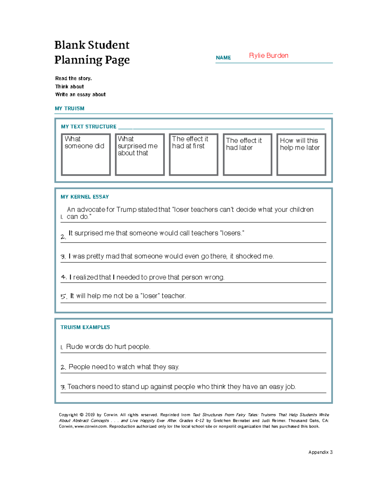 Kernel Essay Practice - Blank Student Planning Page MY TRUISM Read the ...