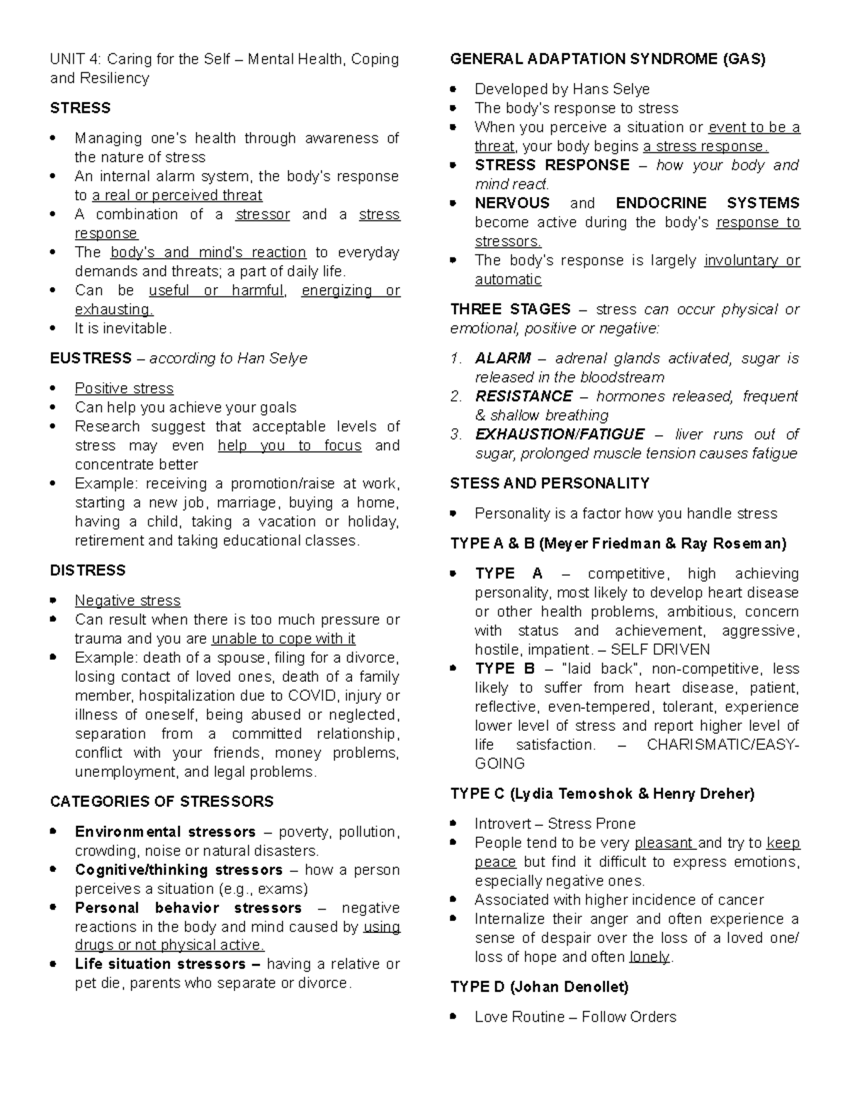 Reviewer - Unit 4 - Caring for the Self - Understanding Self ...