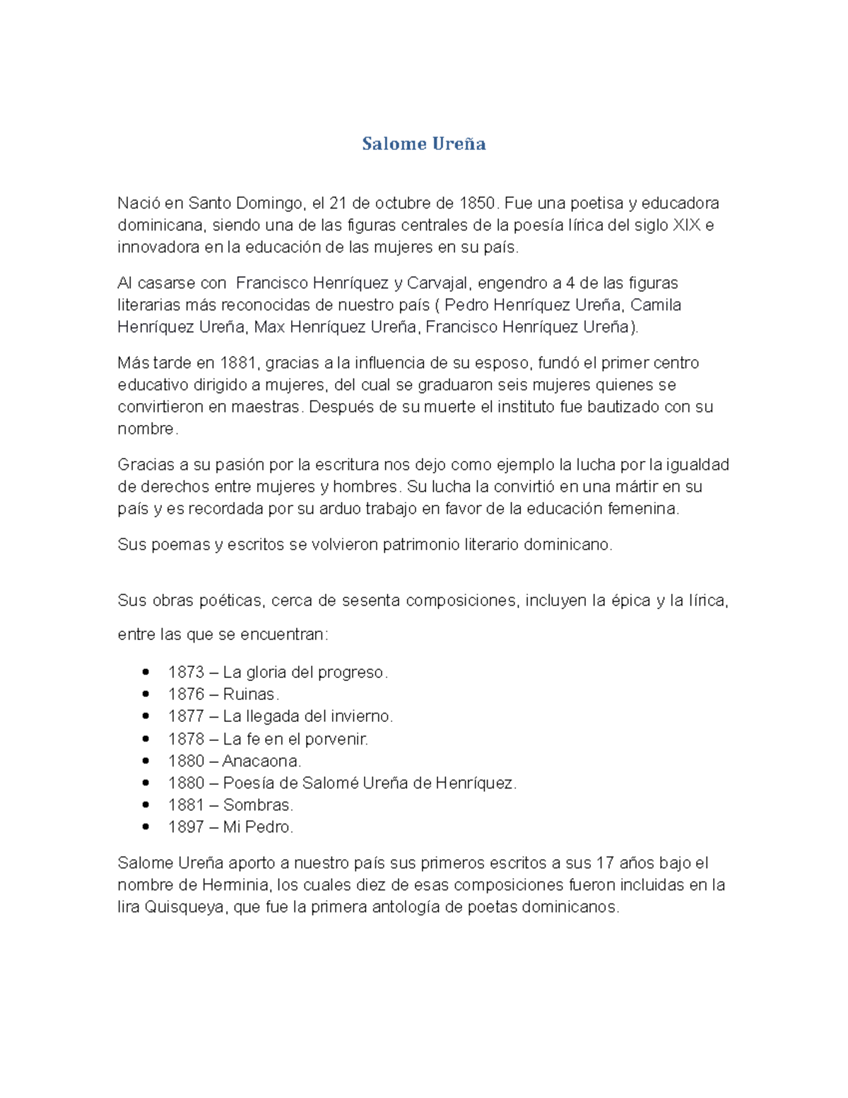 Salome Ureña - Salome Ureña Nació en Santo Domingo, el 21 de octubre de ...