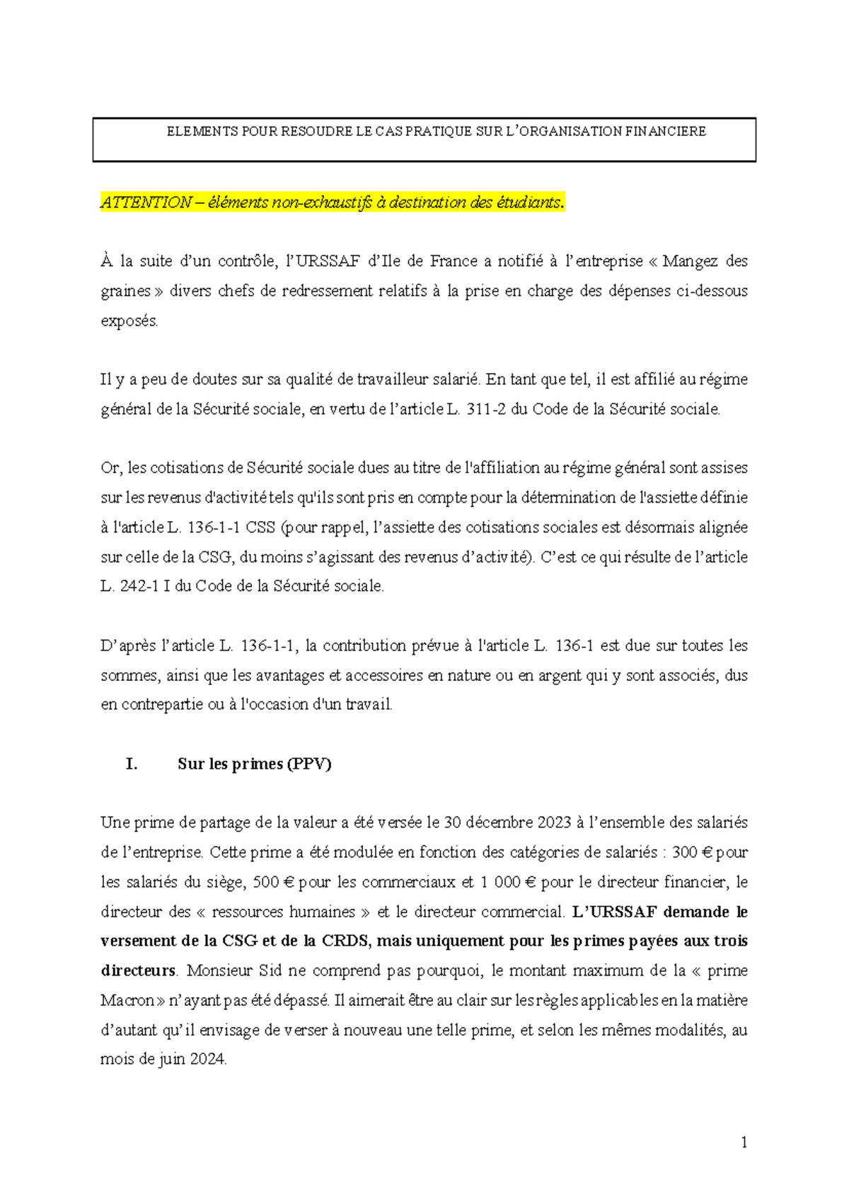 Elements POUR Resoudre LE CAS Pratique SUR L’ Organisation Financiere ...