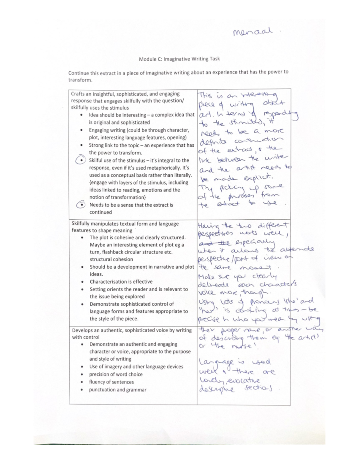 Module C Imaginative Writing Task - Studocu