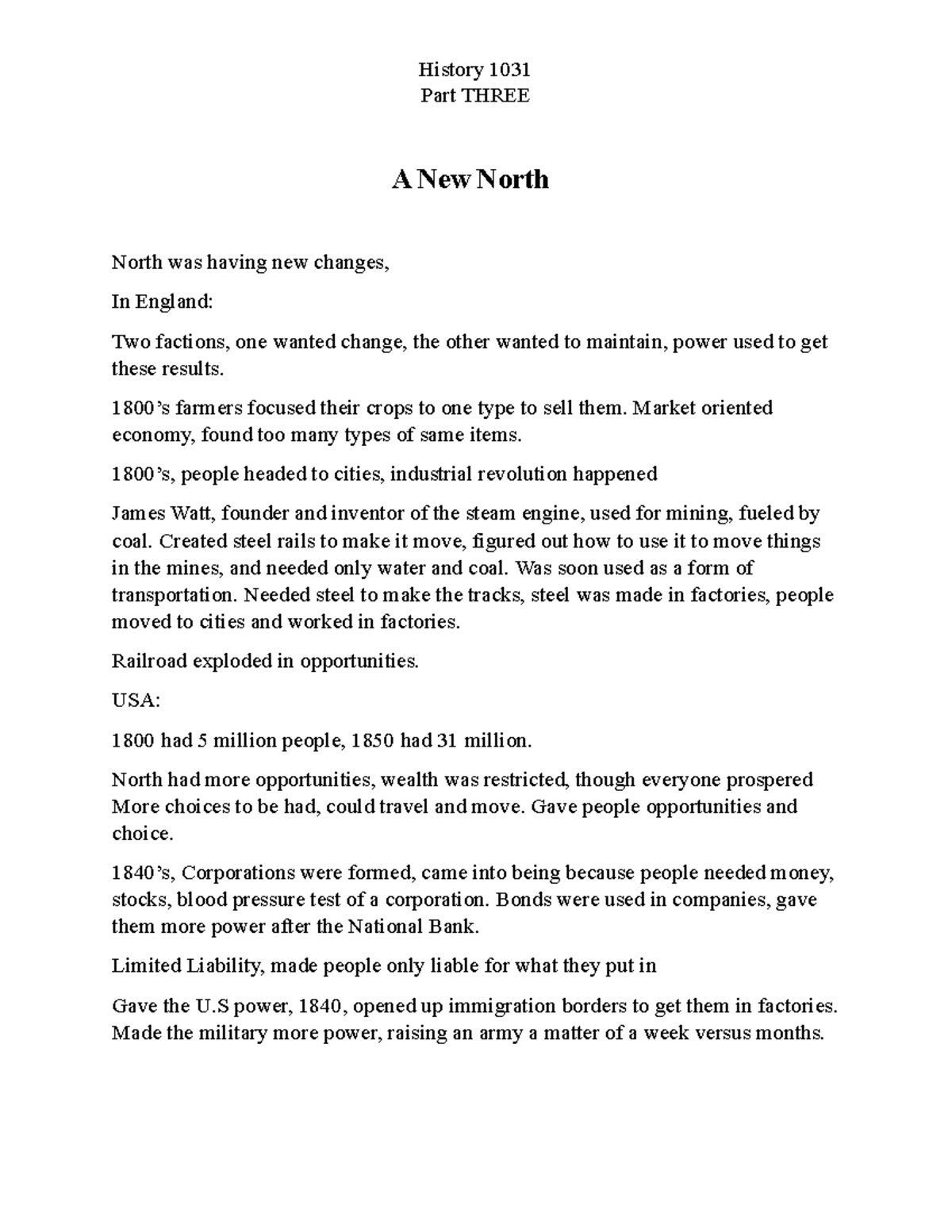History 1031 Part III - Notes on a new north, the beginnings of the new ...