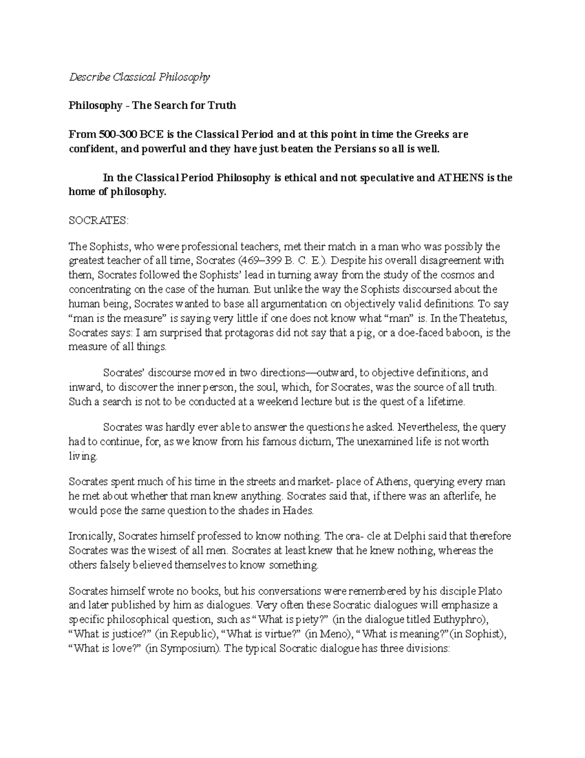 Test 2 Study Guide: Hum:Greek - Describe Classical Philosophy ...