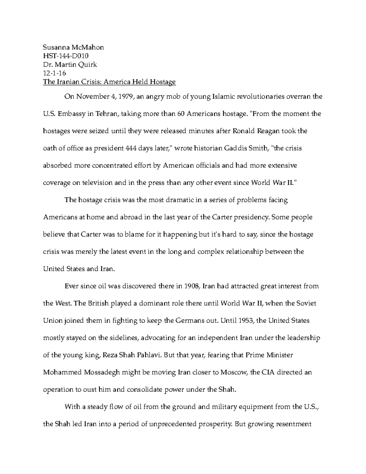 The Iranian Hostage Crisis - Susanna McMahon HST-144-D Dr. Martin Quirk ...