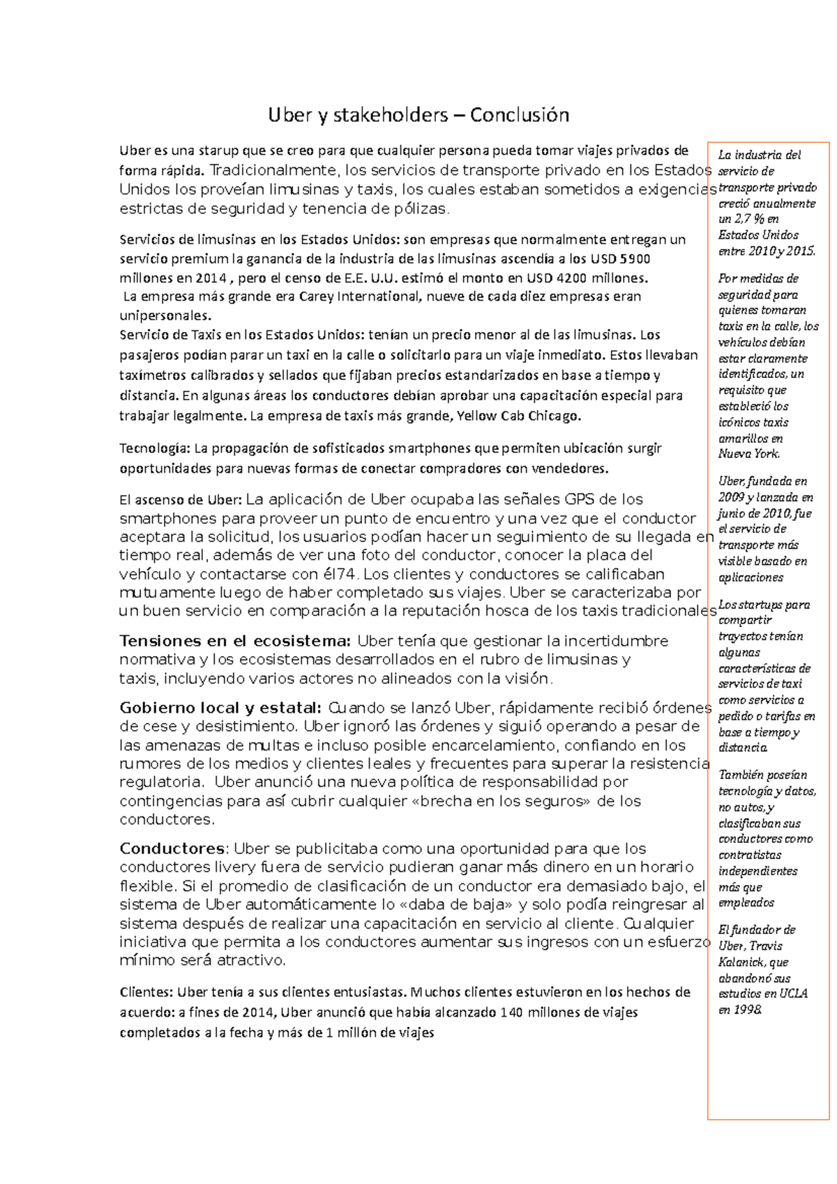 Uber y stakeholders - Caso de Uber - Uber y stakeholders – Conclusión ...