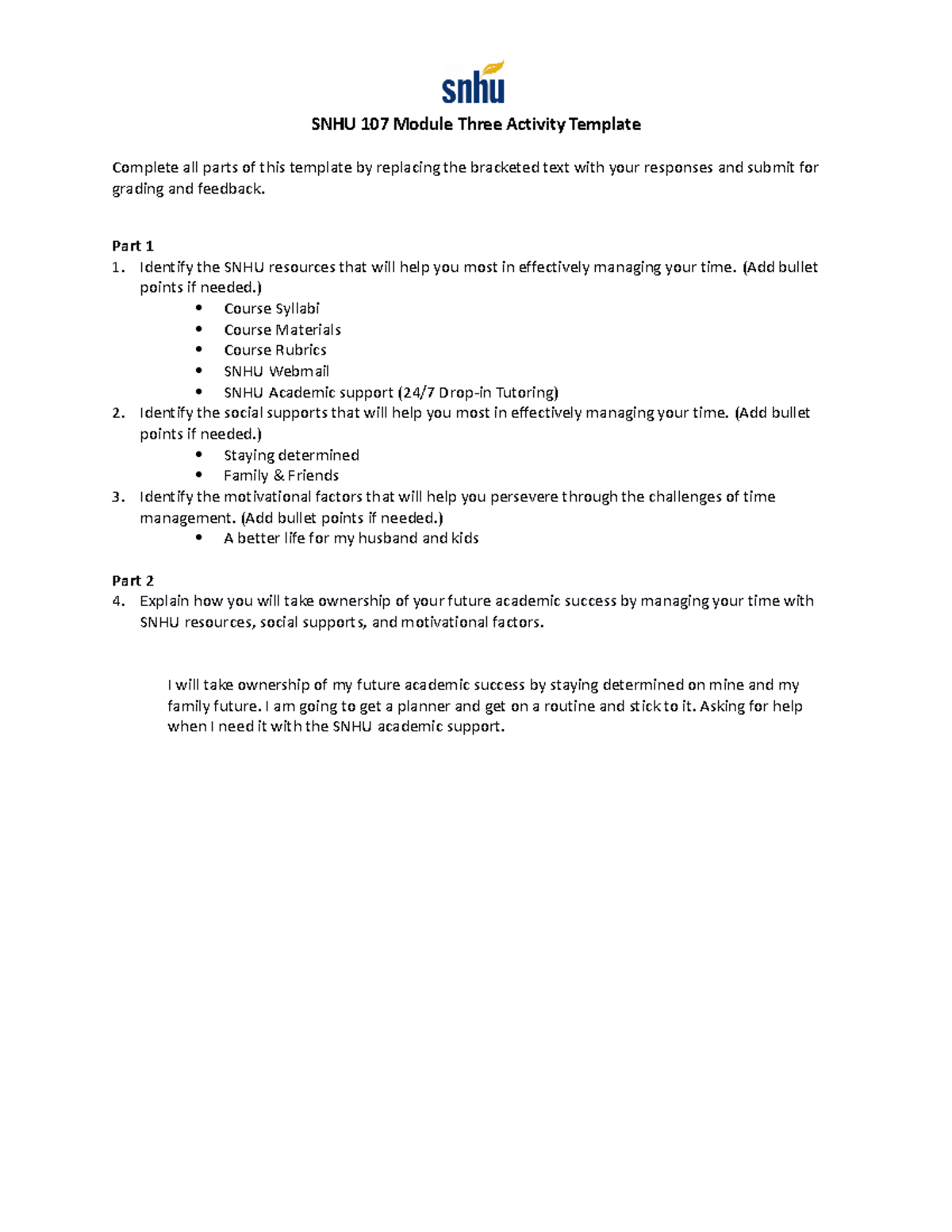 3-2 time management - idk - SNHU 107 Module Three Activity Template ...
